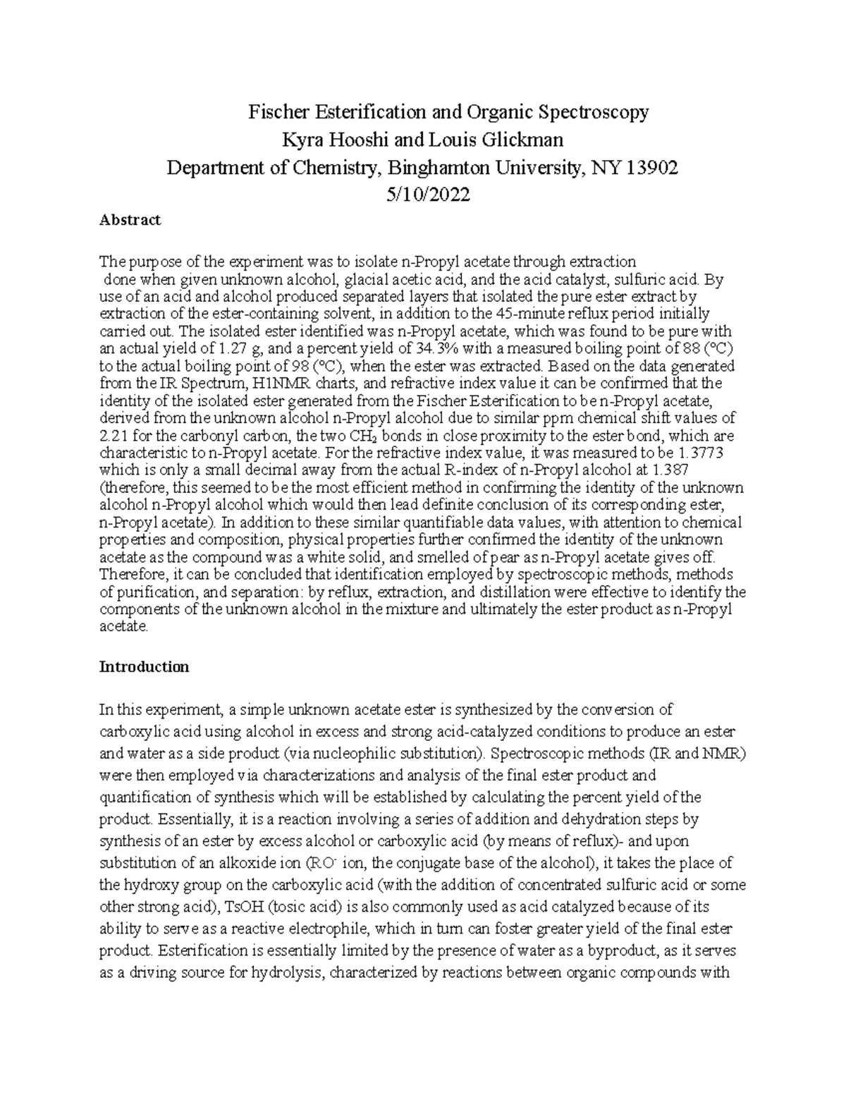 Fischer esterification and IR NMR spectroscopy report - Fischer ...