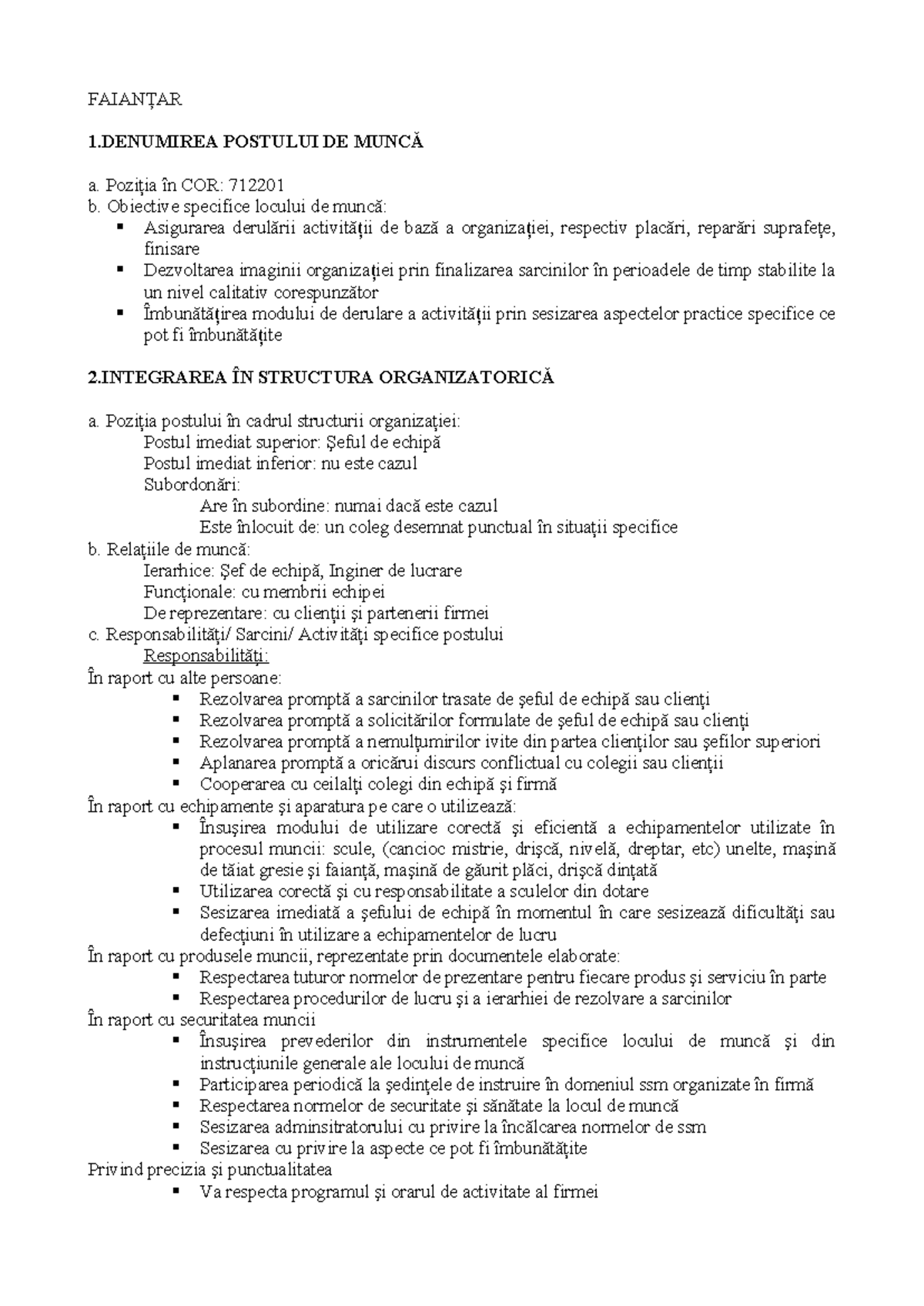 371844644 Fisa Post Faiantar - FAIANŢAR 1 POSTULUI DE MUNCĂ a. Poziţia ...