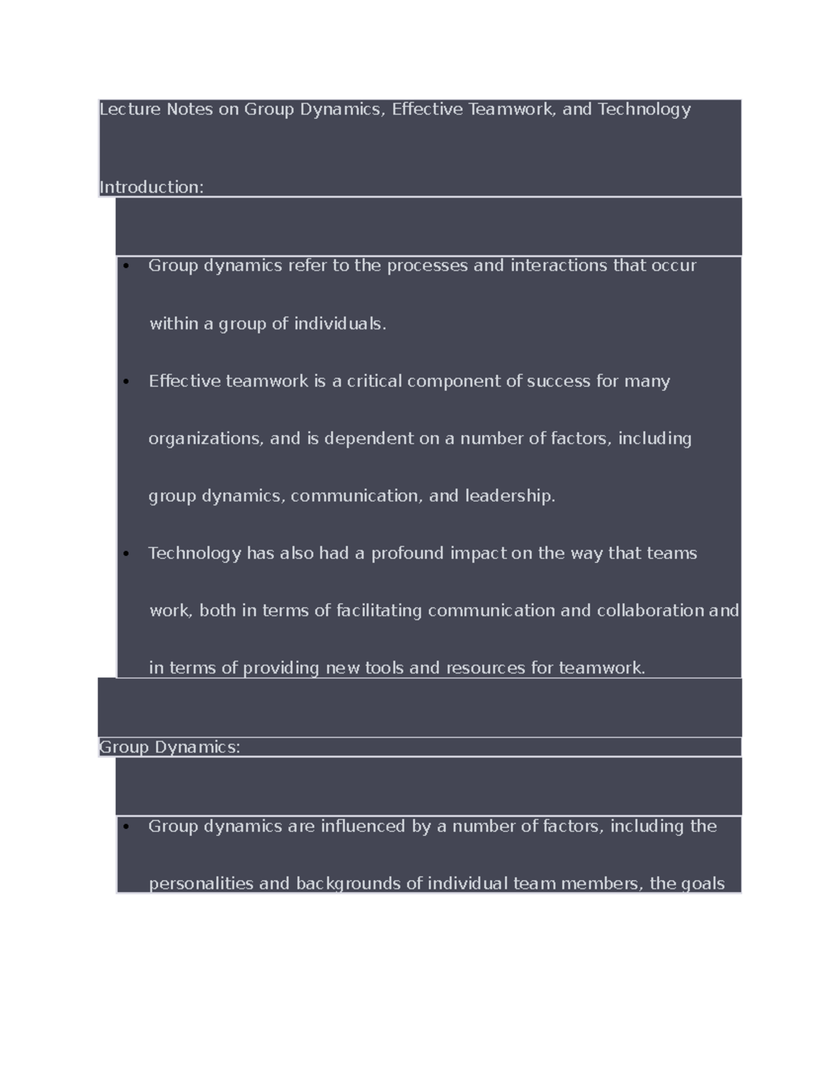 Lecture Notes on Group Dynamics - Effective teamwork is a critical ...