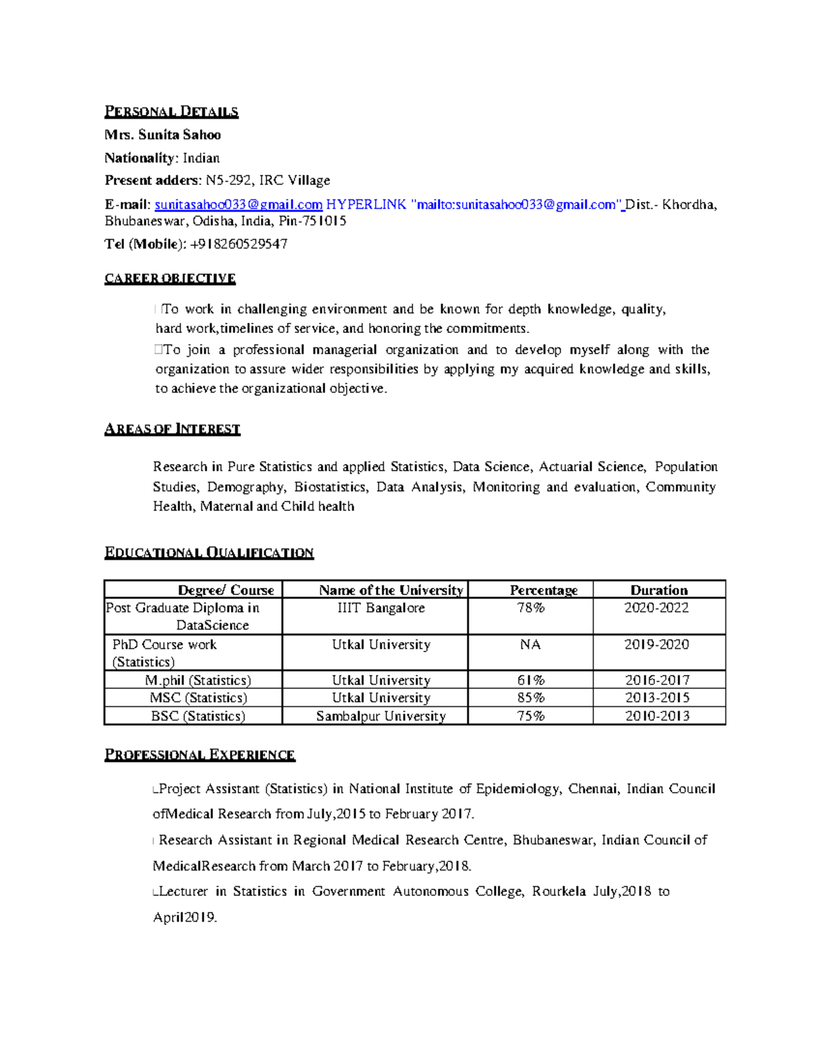 Sunita cv 2022 word n - PERSONAL DETAILS Mrs. Sunita Sahoo Nationality : Indian Present adders ...