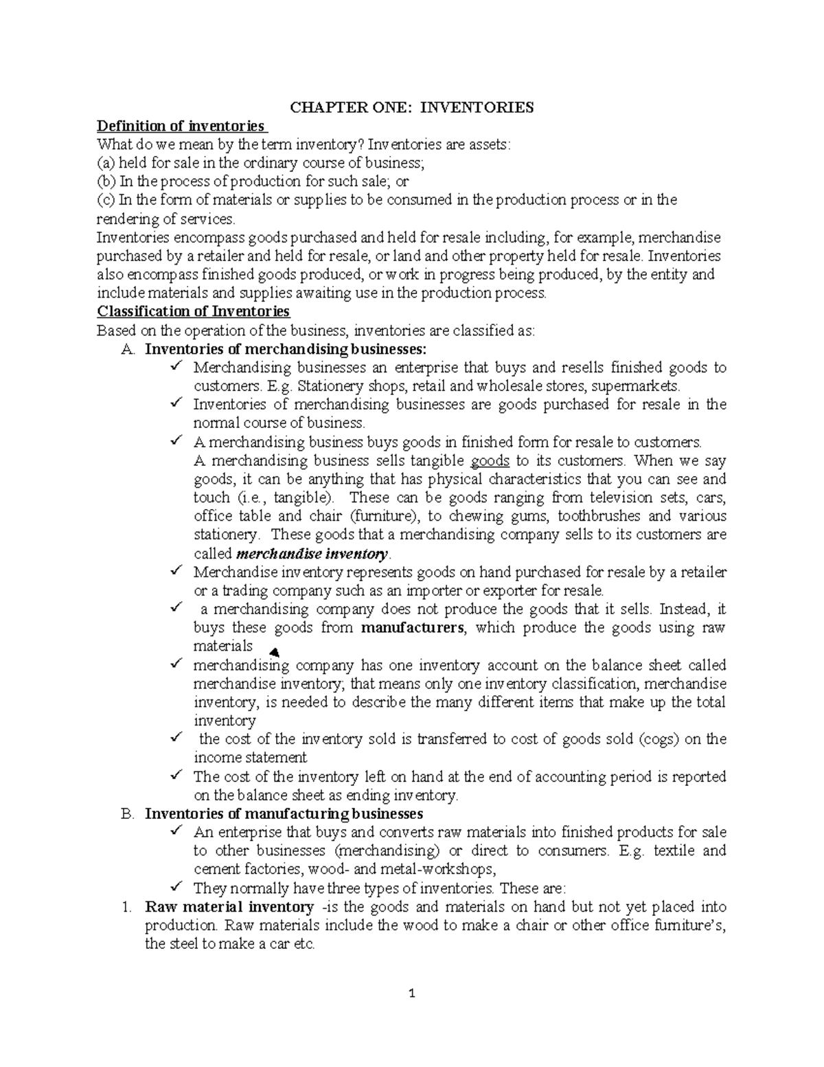 Accounting II Chapter 1 - CHAPTER ONE: INVENTORIES Definition of ...