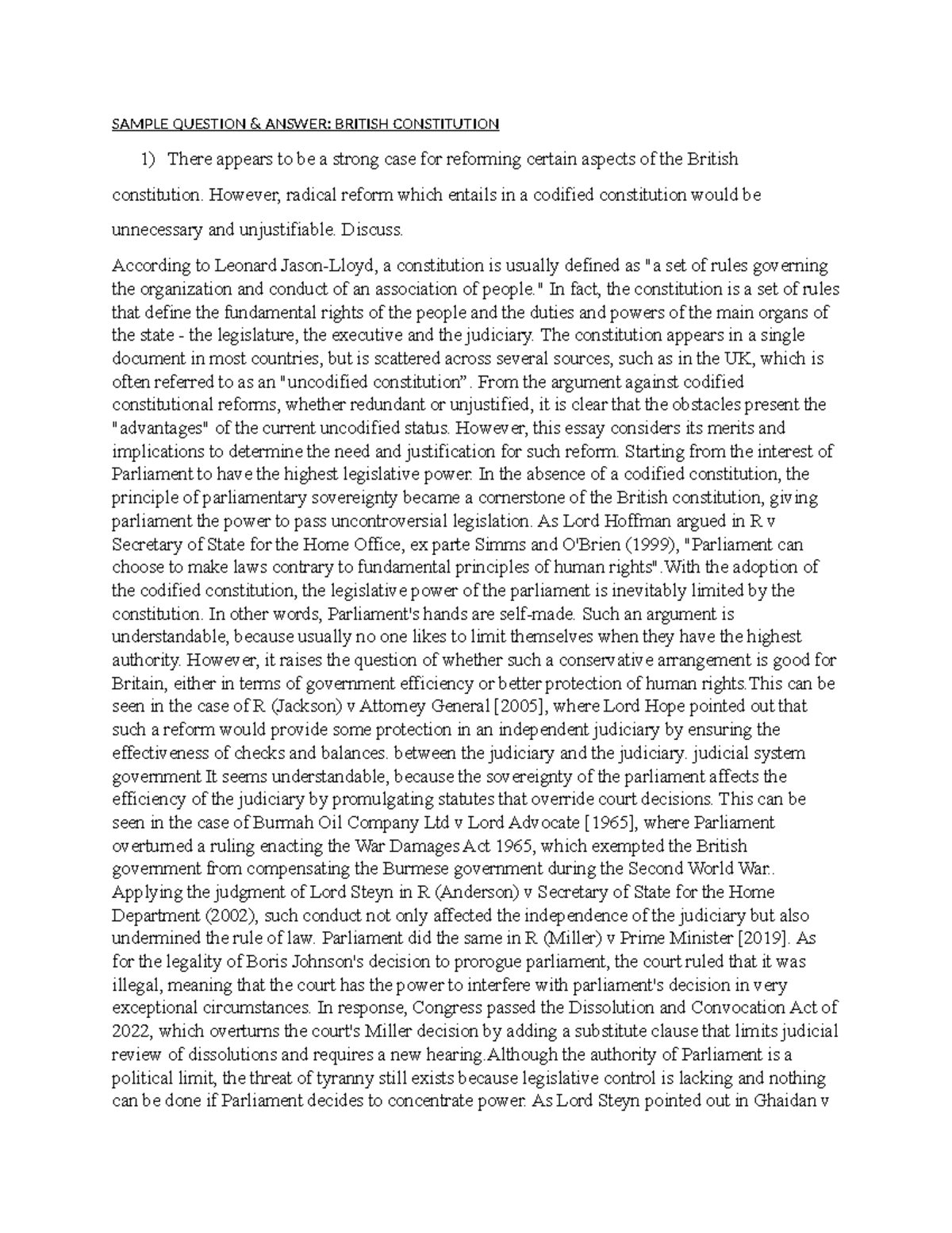 Qa british constitution - SAMPLE QUESTION & ANSWER: BRITISH ...