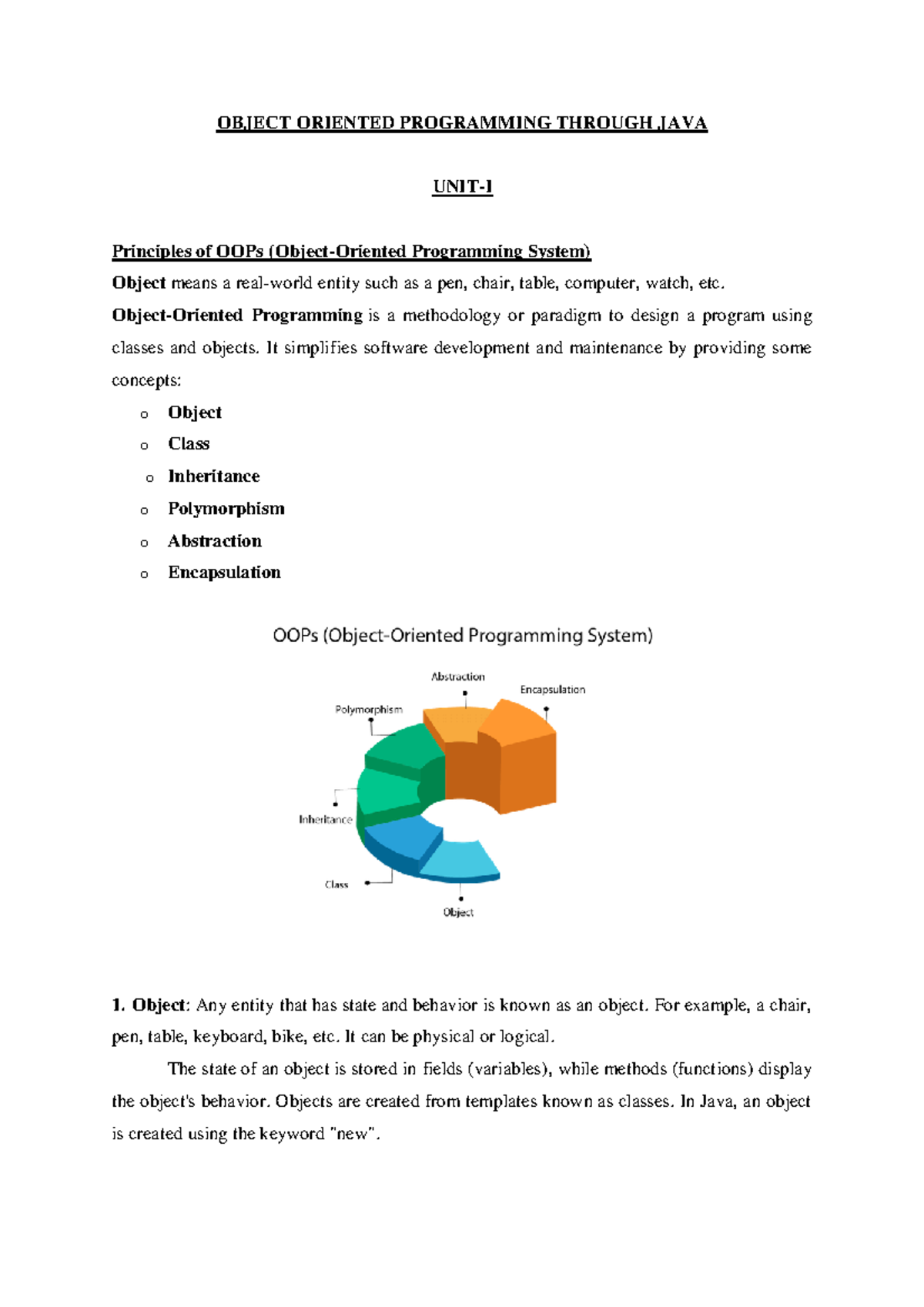 Unit-I - Unit-I - OBJECT ORIENTED PROGRAMMING THROUGH JAVA UNIT-I Principles of OOPs - Studocu