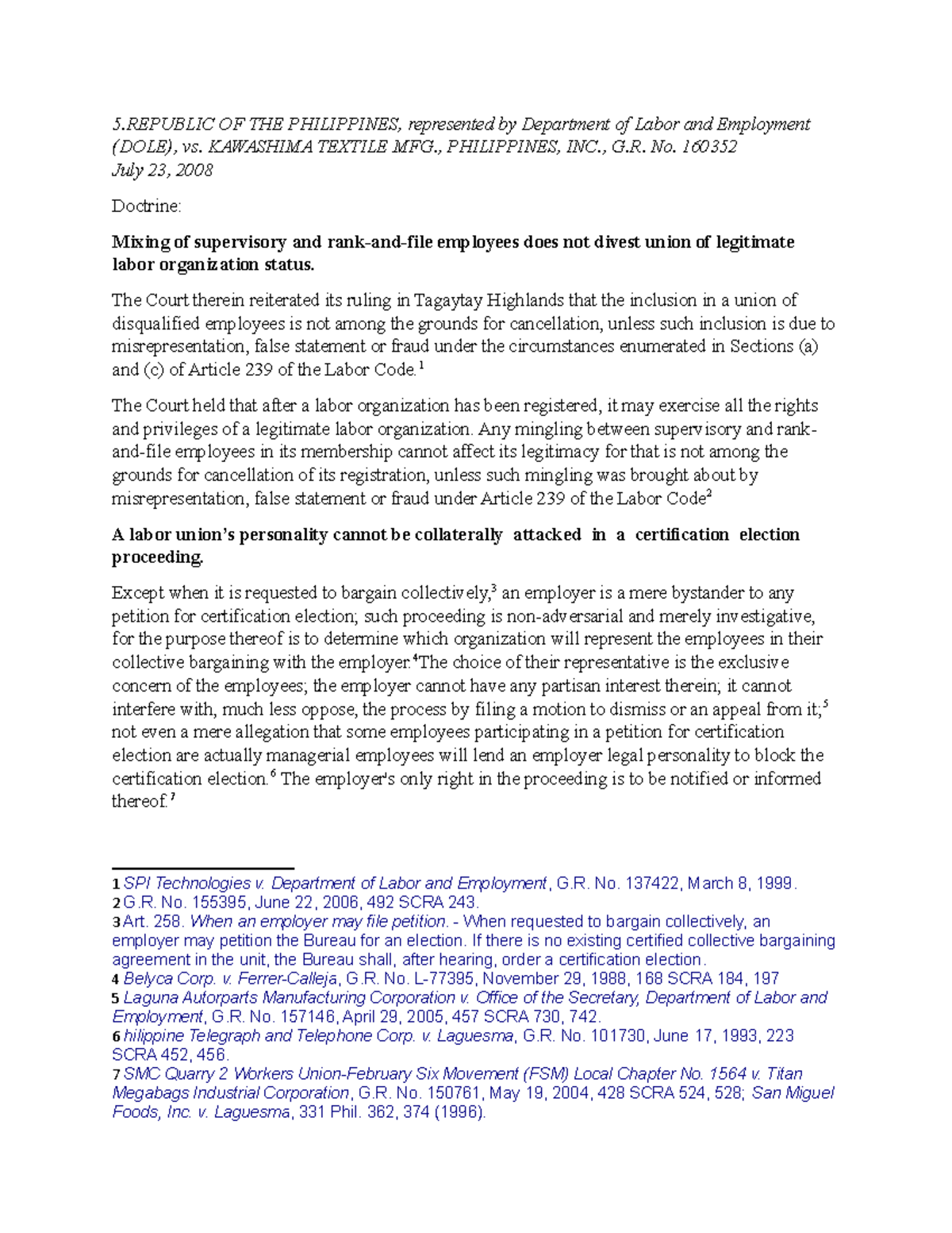 Case Doctrine For Labor Law 5 Of The Philippines Represented By