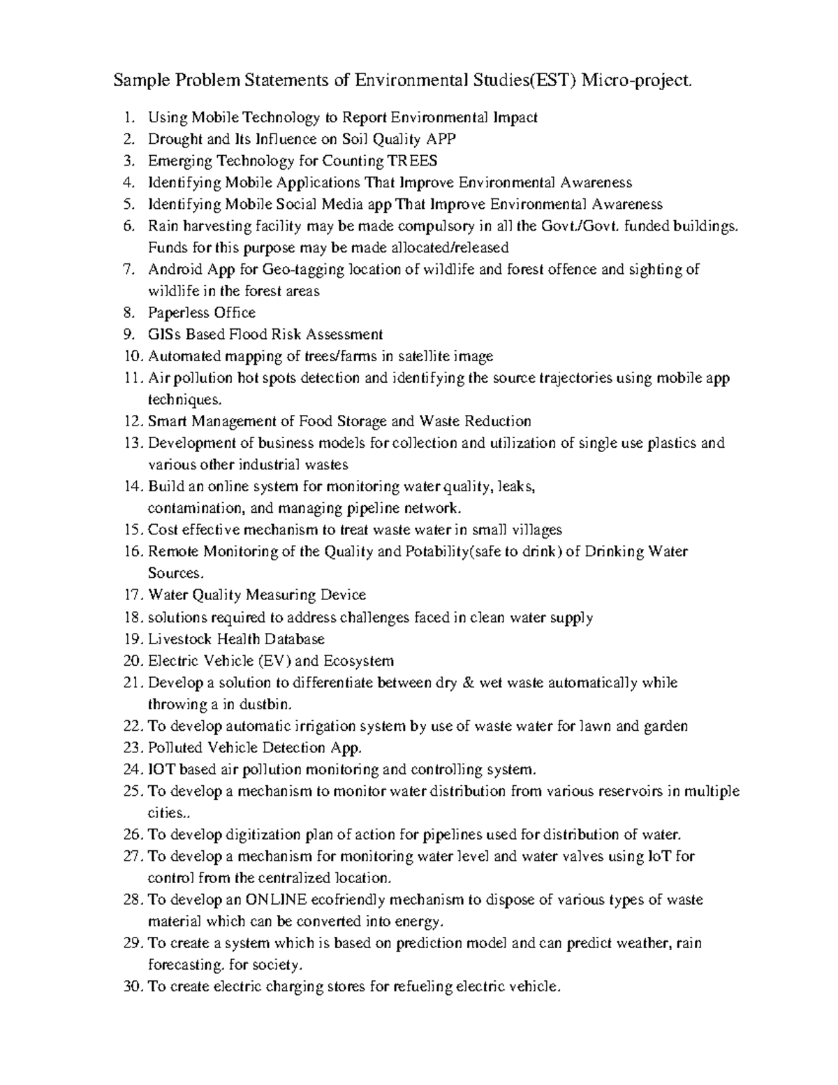 EST Microproject - Sample Problem Statements of Environmental Studies(EST) Micro-project. Using ...