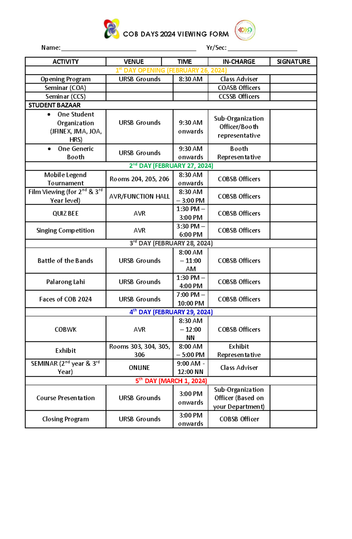 COB viewing form 2024 - COB DAYS 2024 VIEWING FORM Name