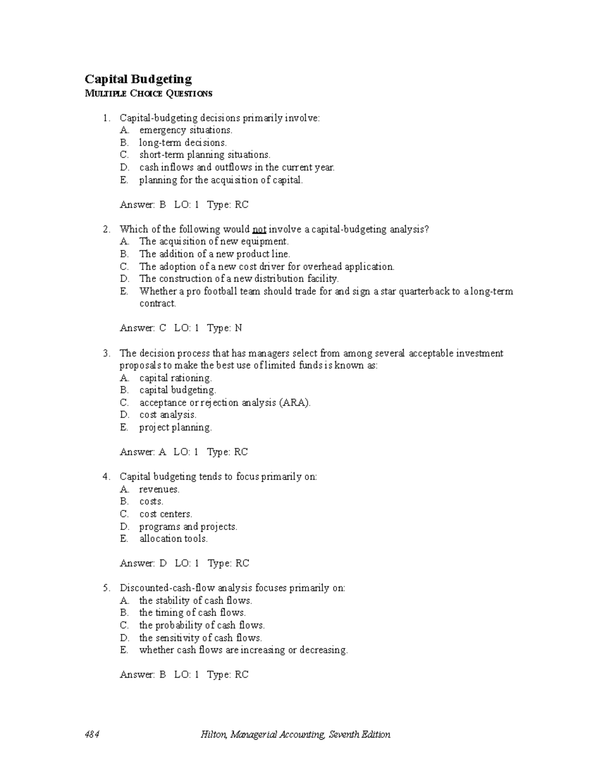 6 Capital Budget Testbank E - Capital Budgeting MULTIPLE CHOICE ...