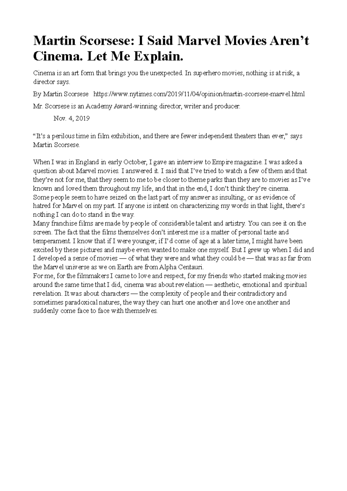 Martin Scorsese Marvel movies NYT - Martin Scorsese: I Said Marvel ...