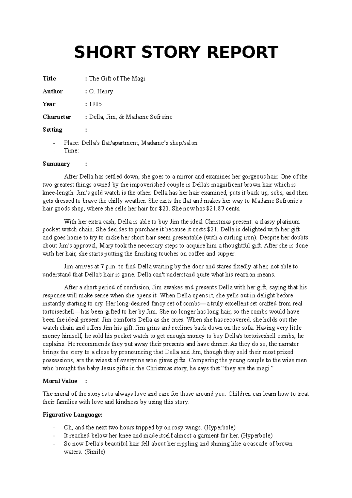 The Gift of The Magi - Short Story Report - SHORT STORY REPORT Title ...