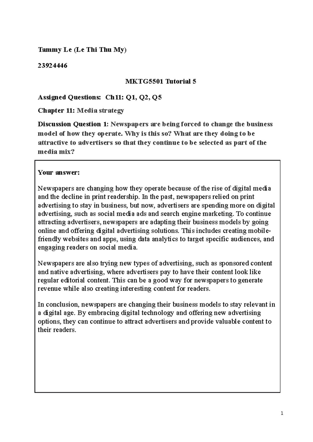 2023-Tutorial 5(Week8) - Tammy Le (Le Thi Thu My) 23924446 MKTG5501 ...