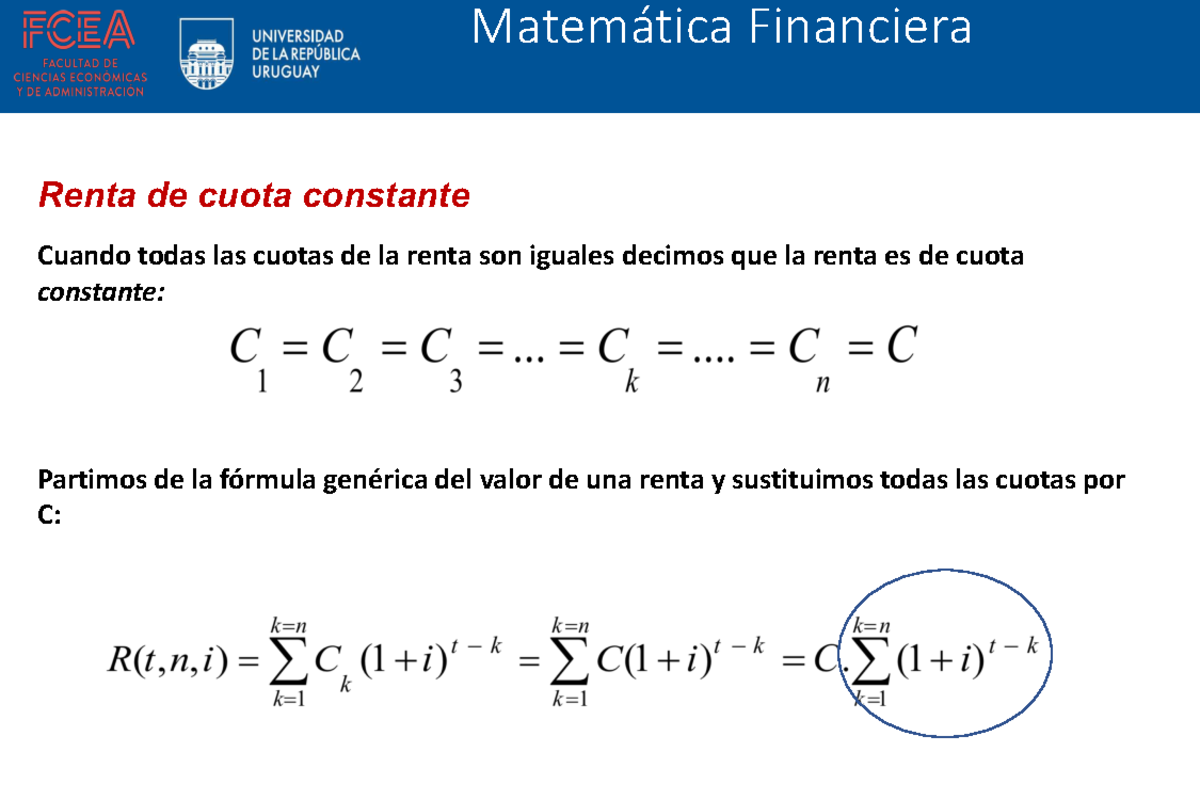 Rentas Cuotas Constantes - Matemática financiera - Udelar - Studocu