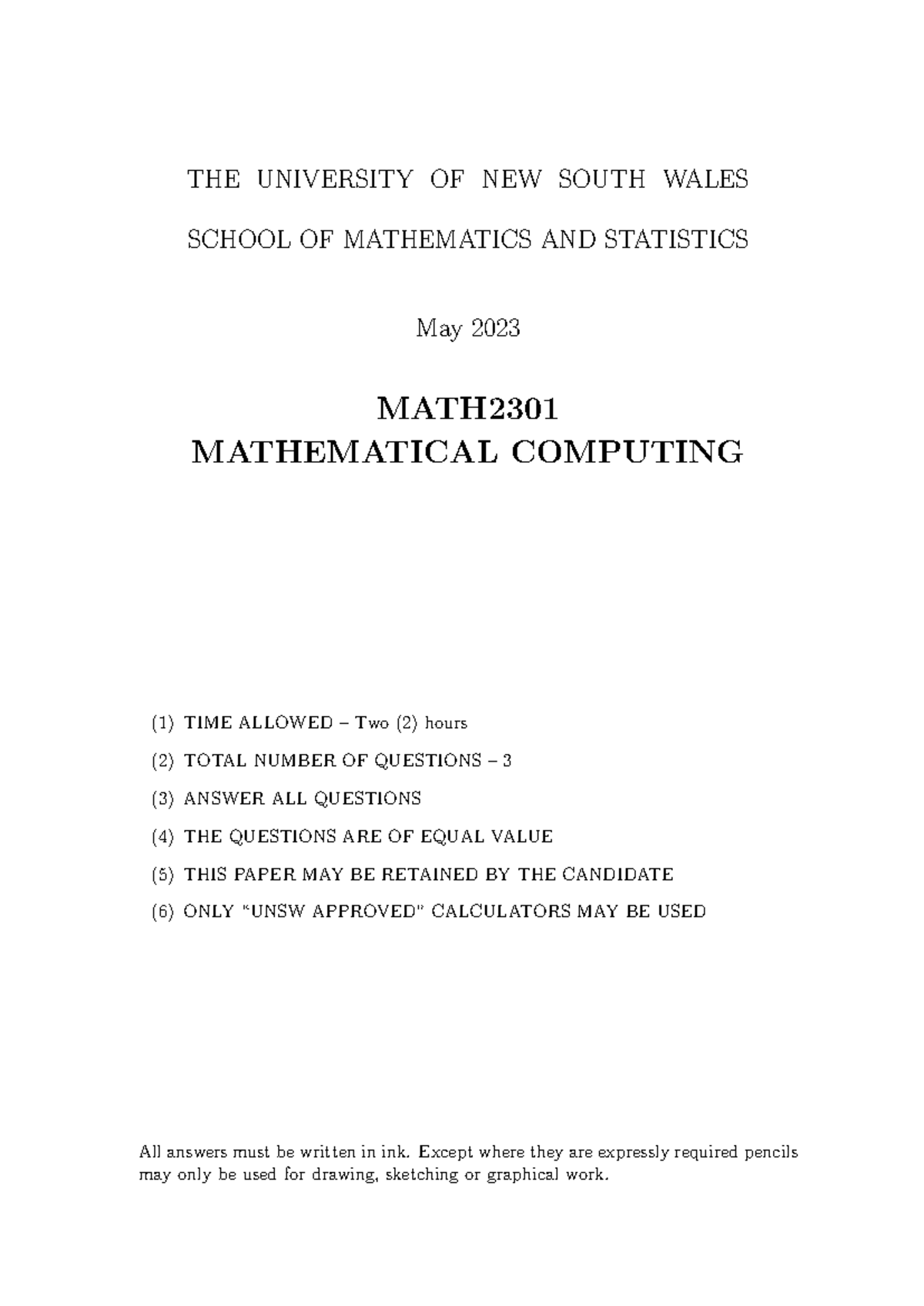 2023 MATH2301 Mathematical computing final paper solution UNSW - THE ...