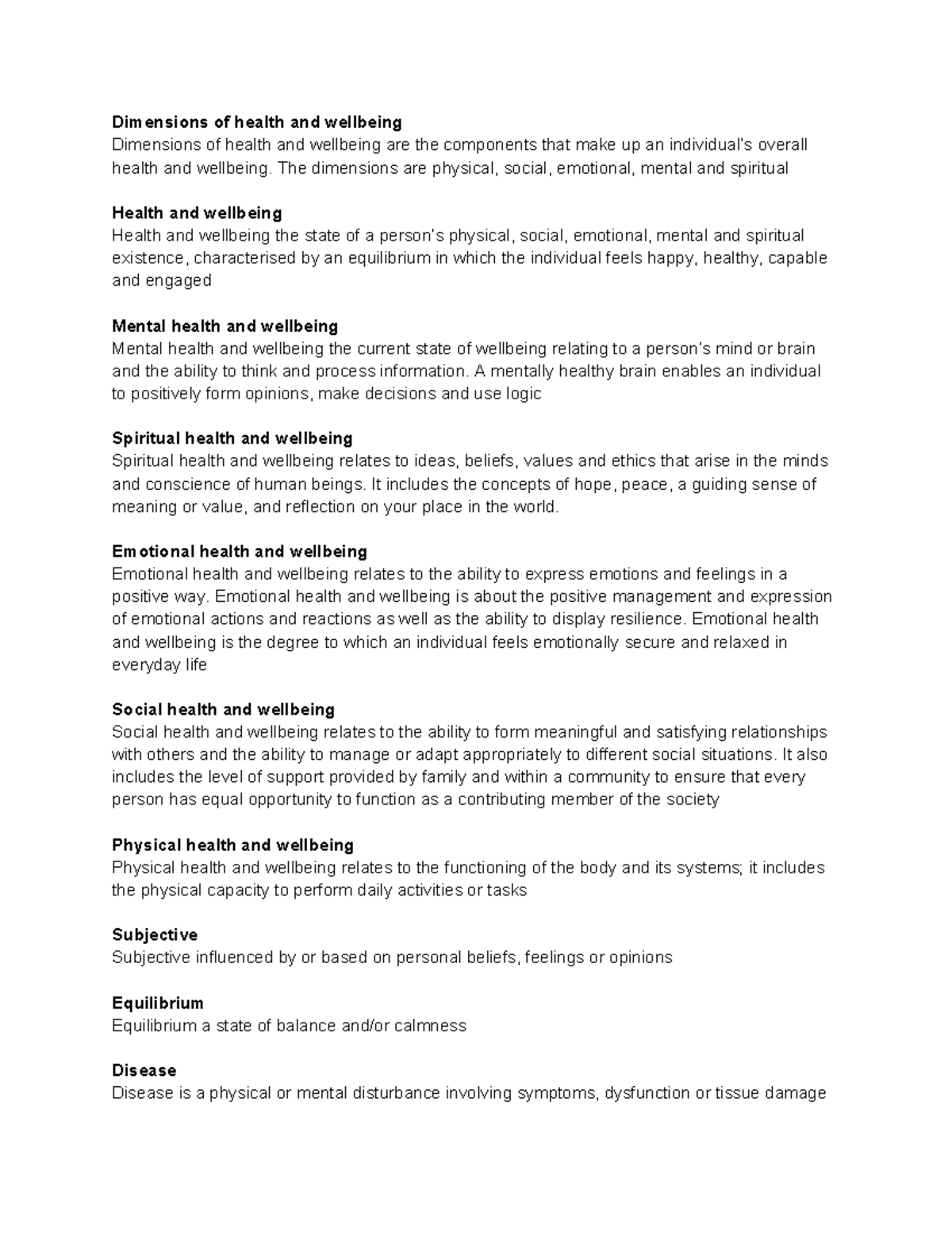 Health and human glossary - Dimensions of health and wellbeing ...