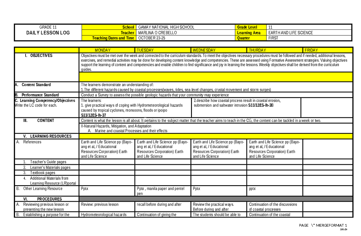 Dll earth and life science marlina - GRADE 11 DAILY LESSON LOG School ...