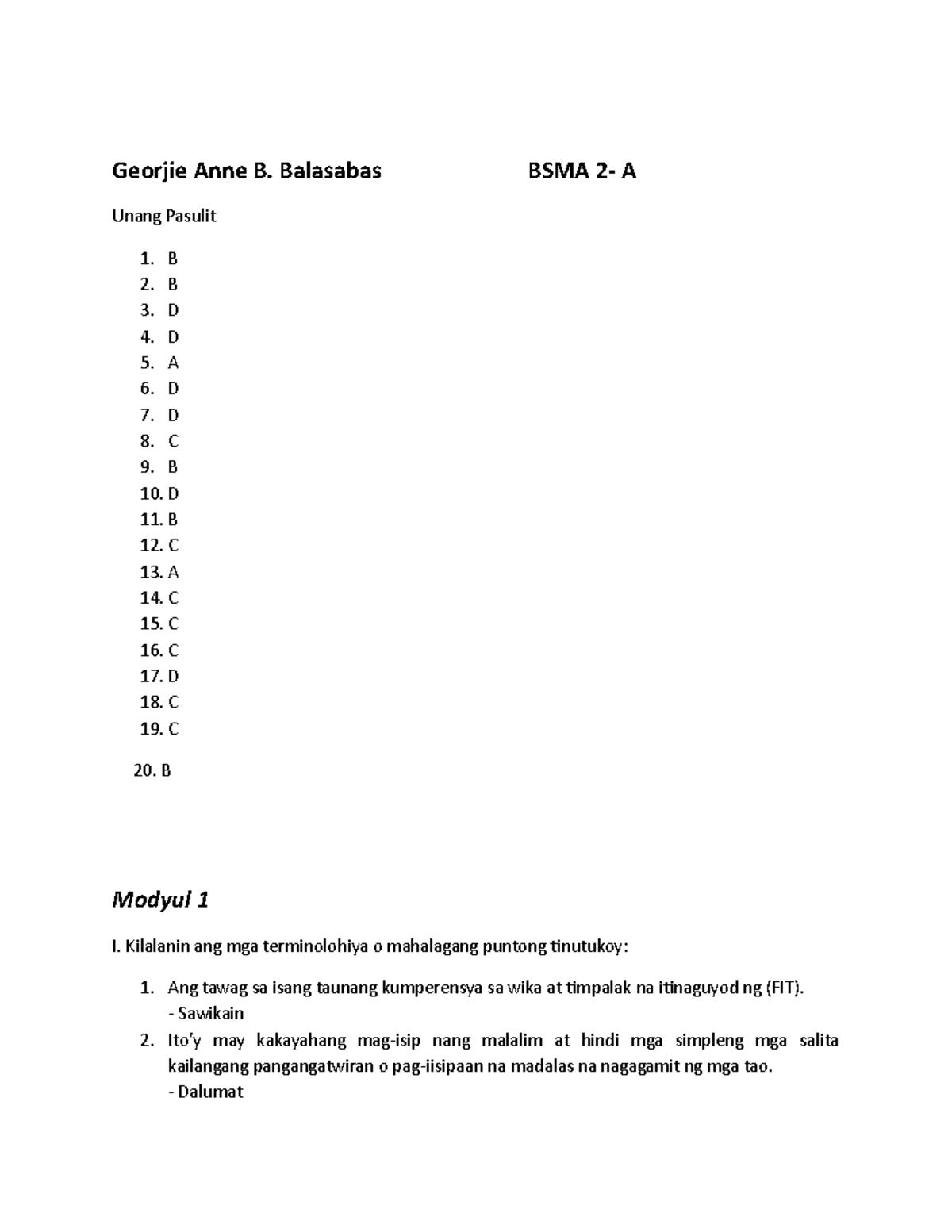 Dalumat Balasabas - Georjie Anne B. Balasabas BSMA A Unang Pasulit 1. B ...