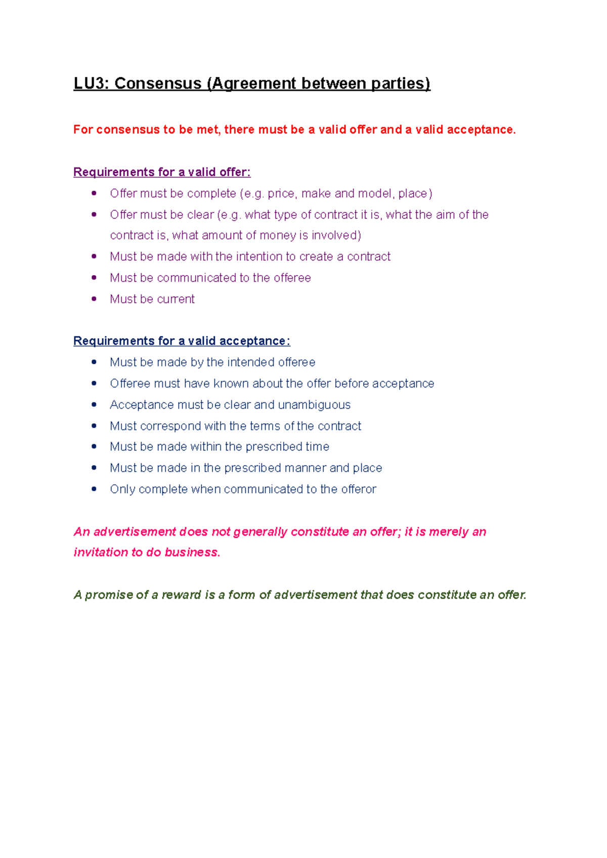 Requirements for a valid offer and valid acceptance - LU3: Consensus ...