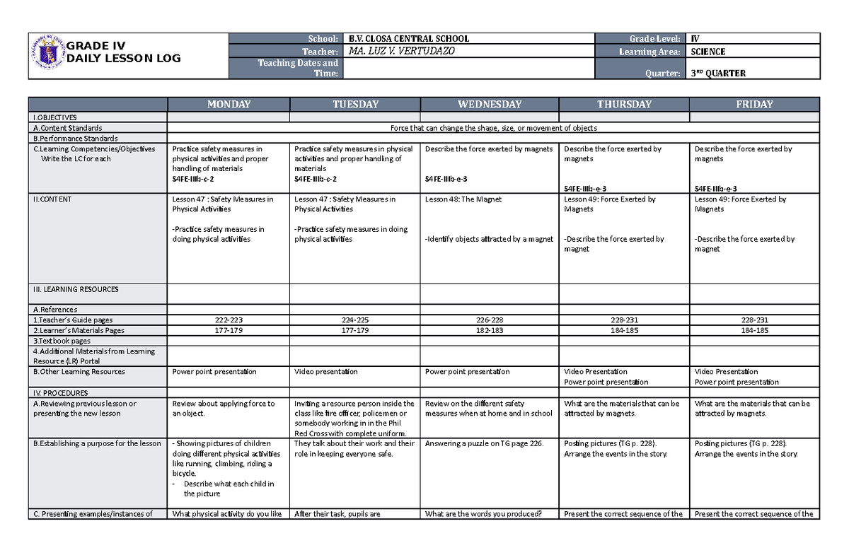 DLL Science-4 Q3 W3 - This is a lesson plan. - GRADE IV DAILY LESSON ...