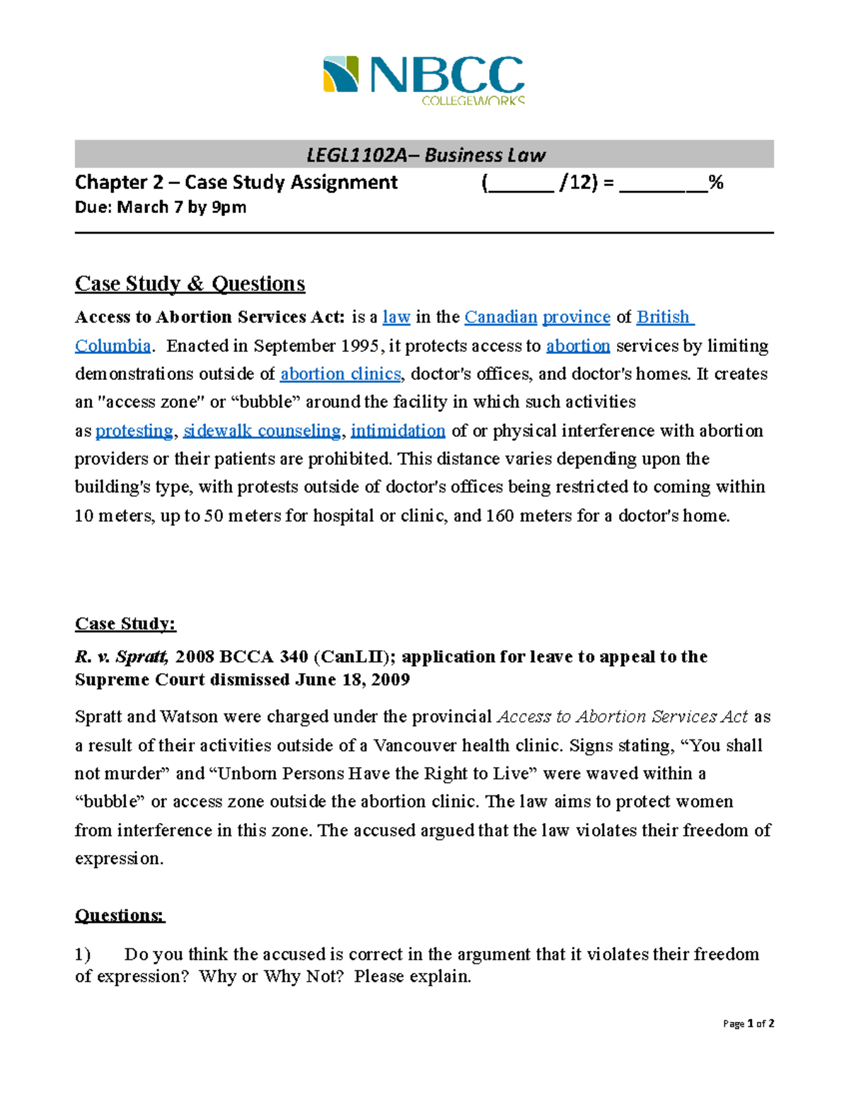 Chapter 2 Case Study Assignment - LEGL1102A– Business Law Chapter 2 ...