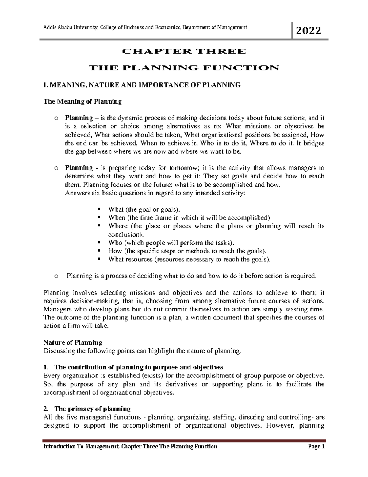 Introduction To Management Course, Chapter Three Planning Function ...
