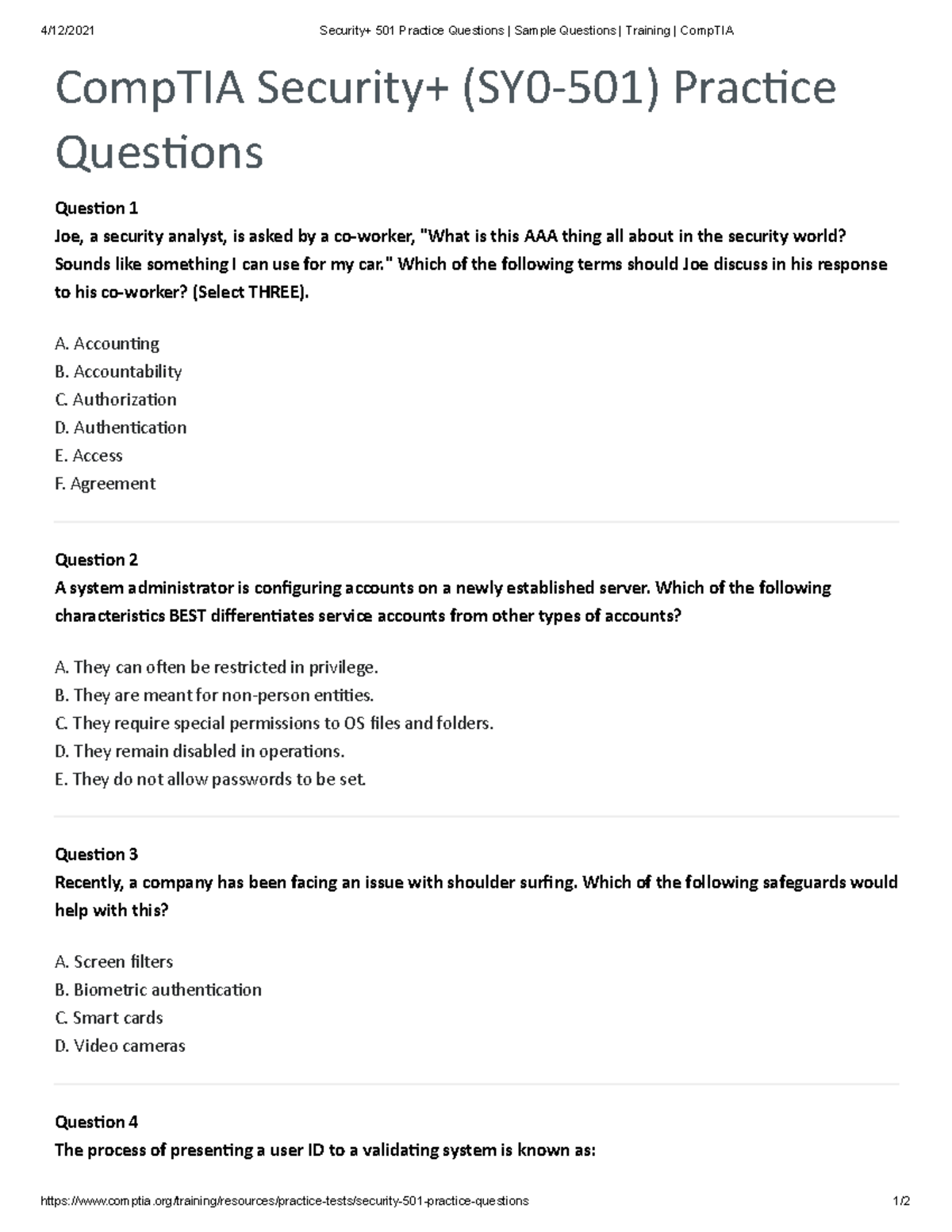 Security+ 501 Practice Questions Sample Questions Training Comp TIA - 4 ...