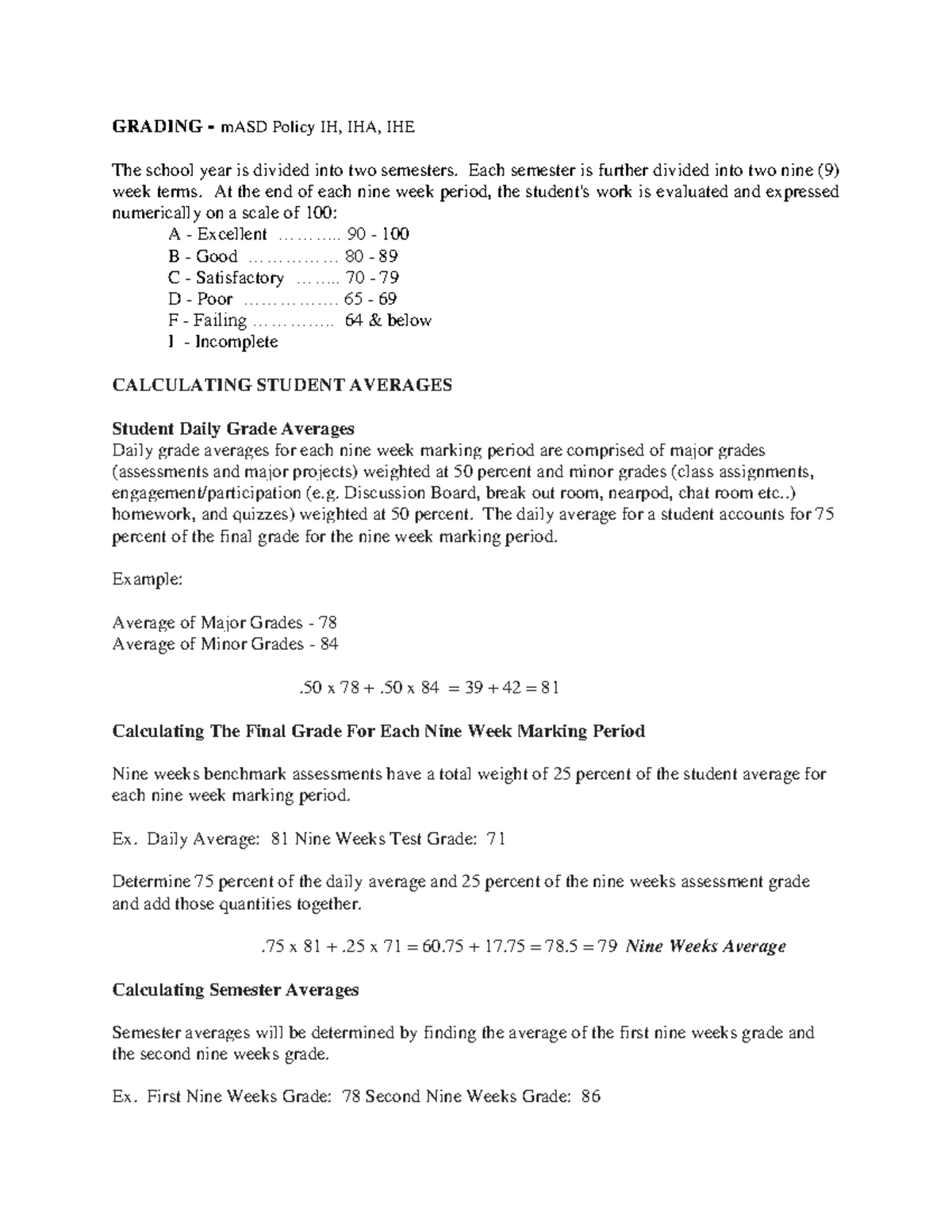 Grading-4final - Grading system - GRADING - mASD Policy IH, IHA, IHE ...
