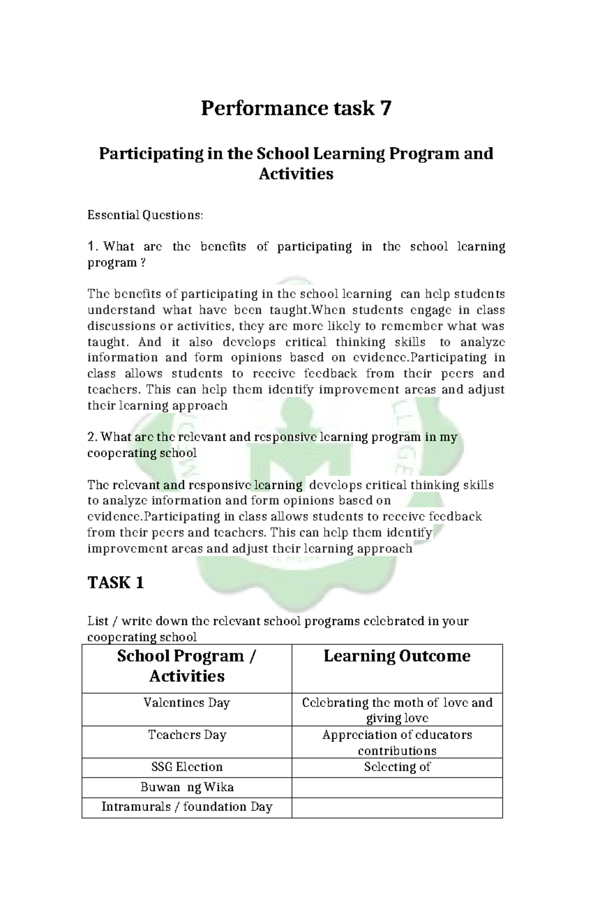 Performance task 7 - What are the benefits of participating in the ...