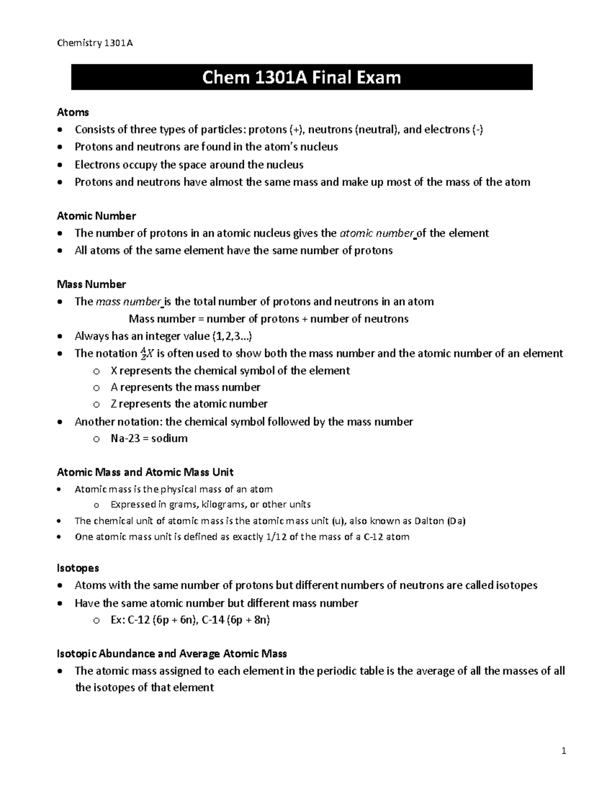 Western CHEM 1301 Summaries - Chemistry 1301A 1 Atoms Consists of three types of particles ...
