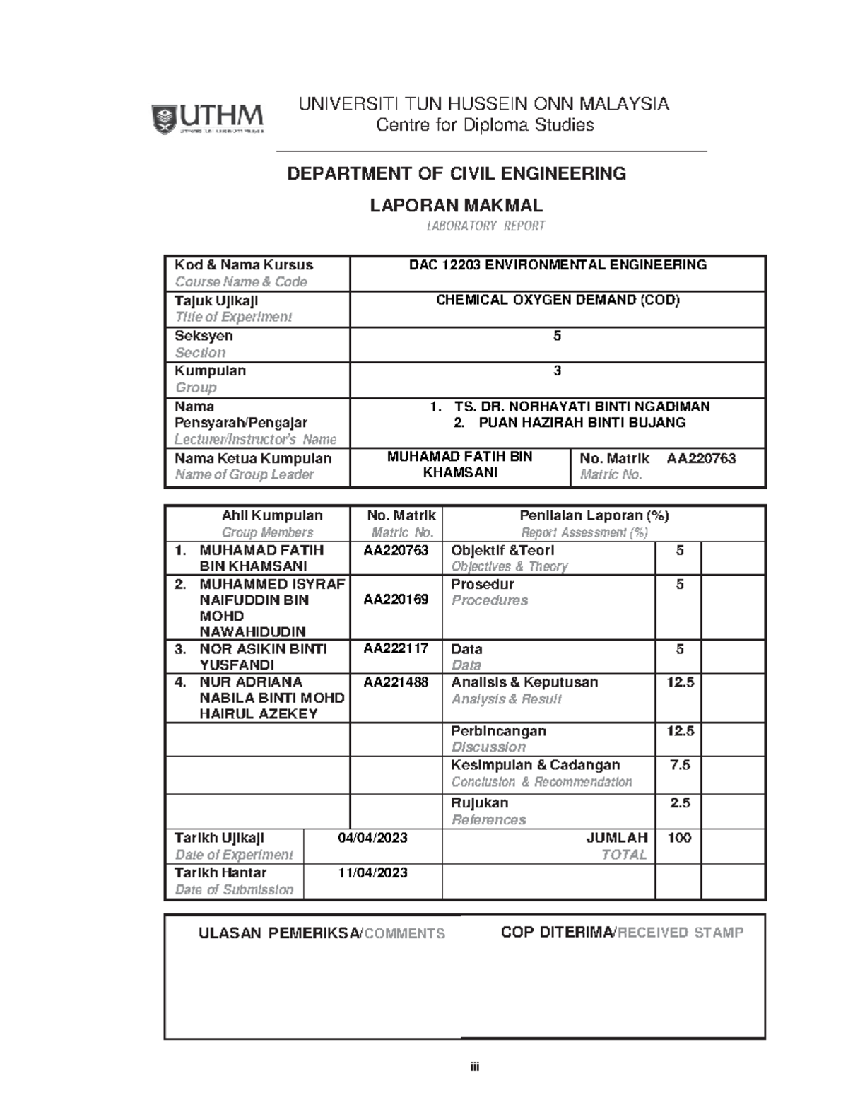 COD LAB Report - chemical oxygen demand - ####### UNIVERSITI TUN ...