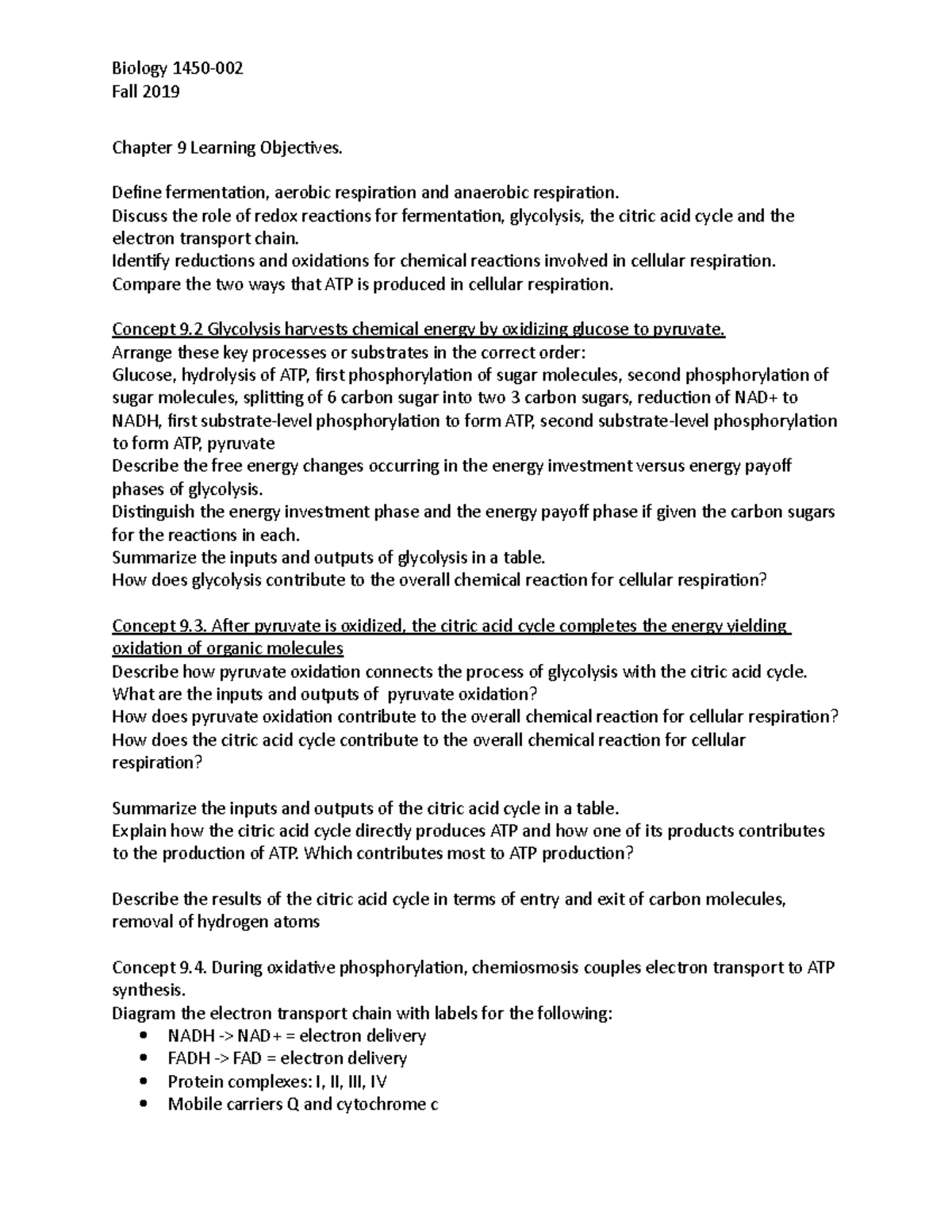 Ch 9 Learning Objectives - Define fermentation, aerobic respiration and ...