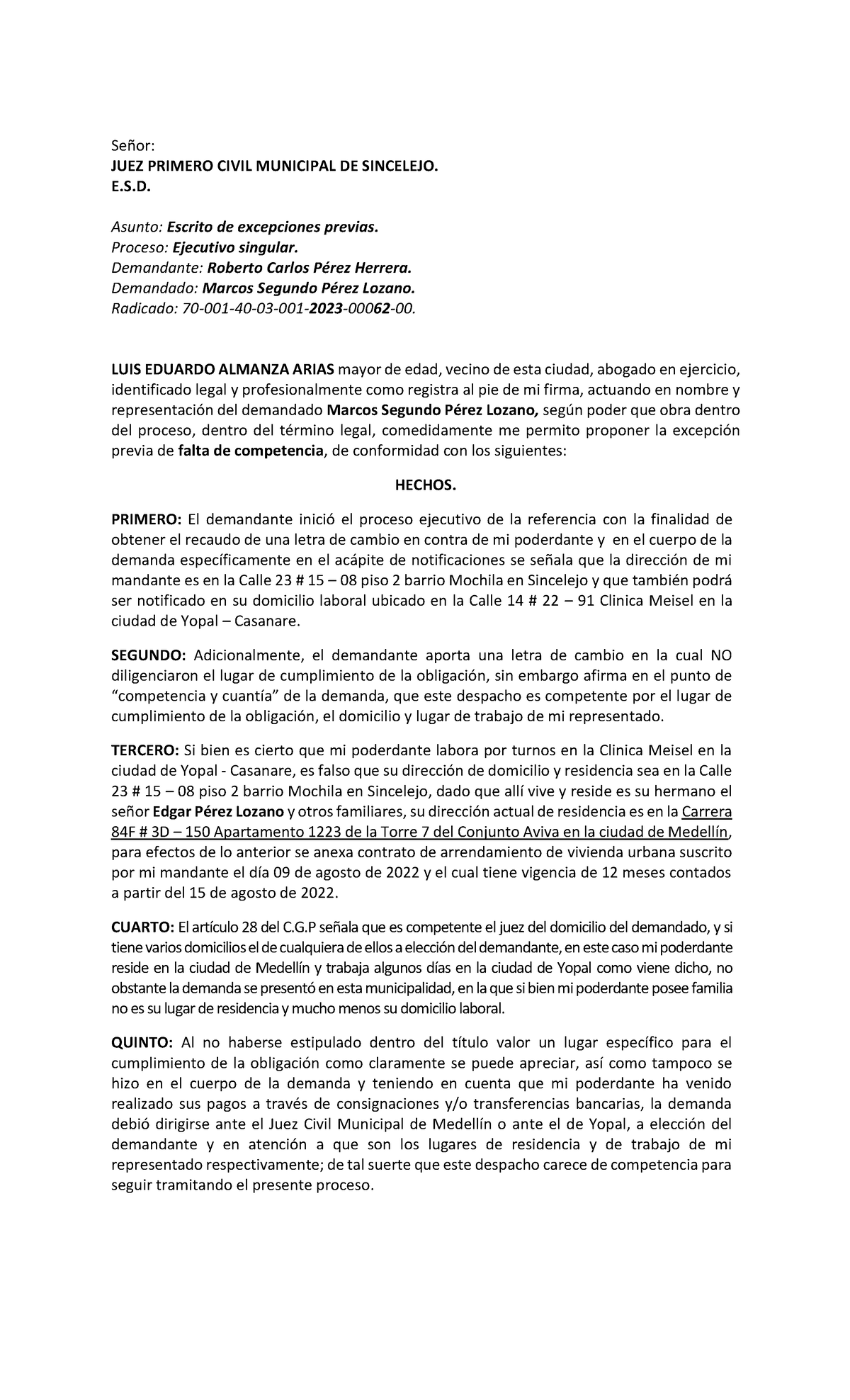 Escrito De Excepciones Previas Proceso De Marcos Perez Lozano SeÒor