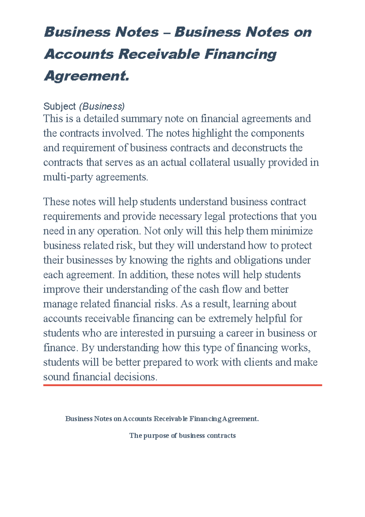 Accounts Receivable Financing Agreement - Subject (Business) This is a ...