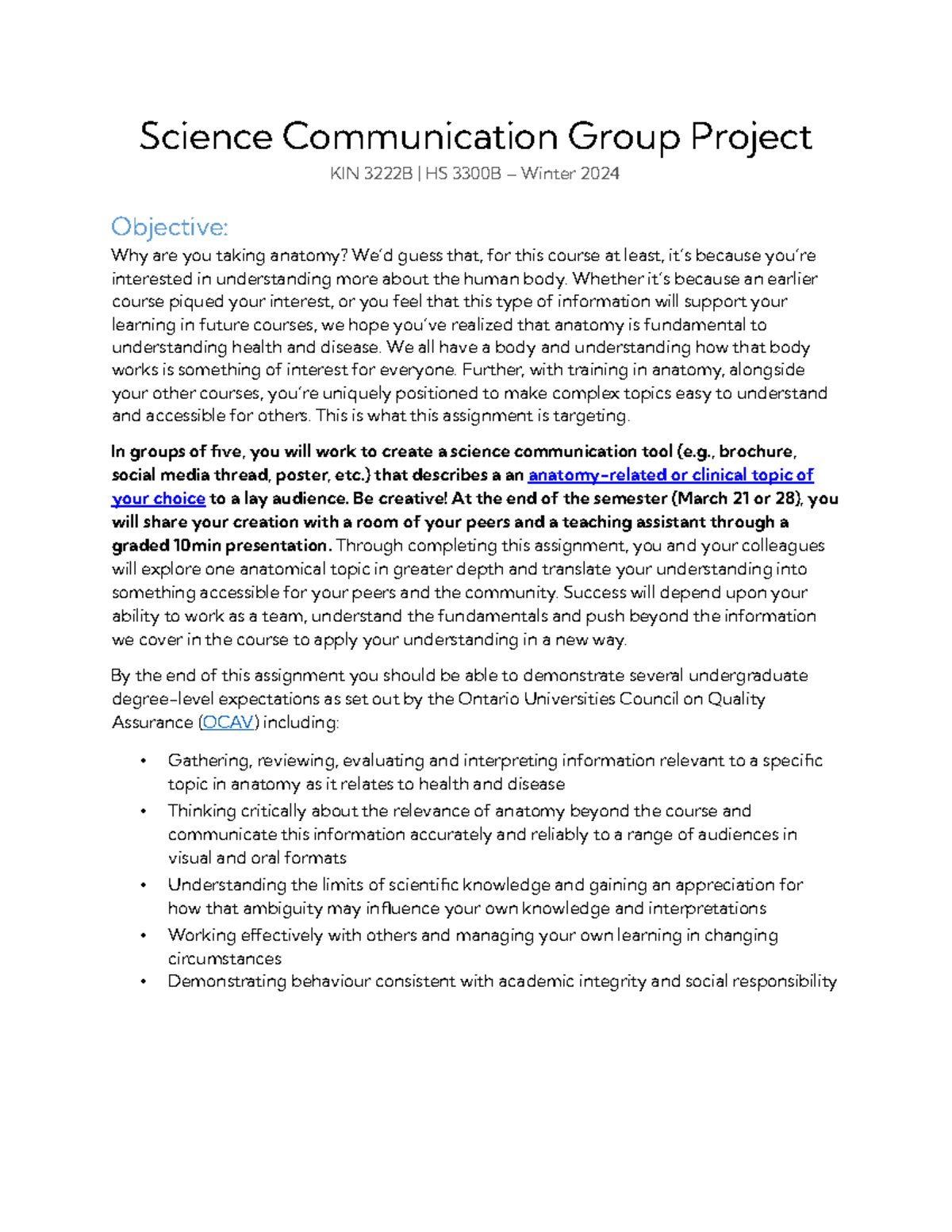 Group Project Outline - W24 - Science Communication Group Project KIN ...