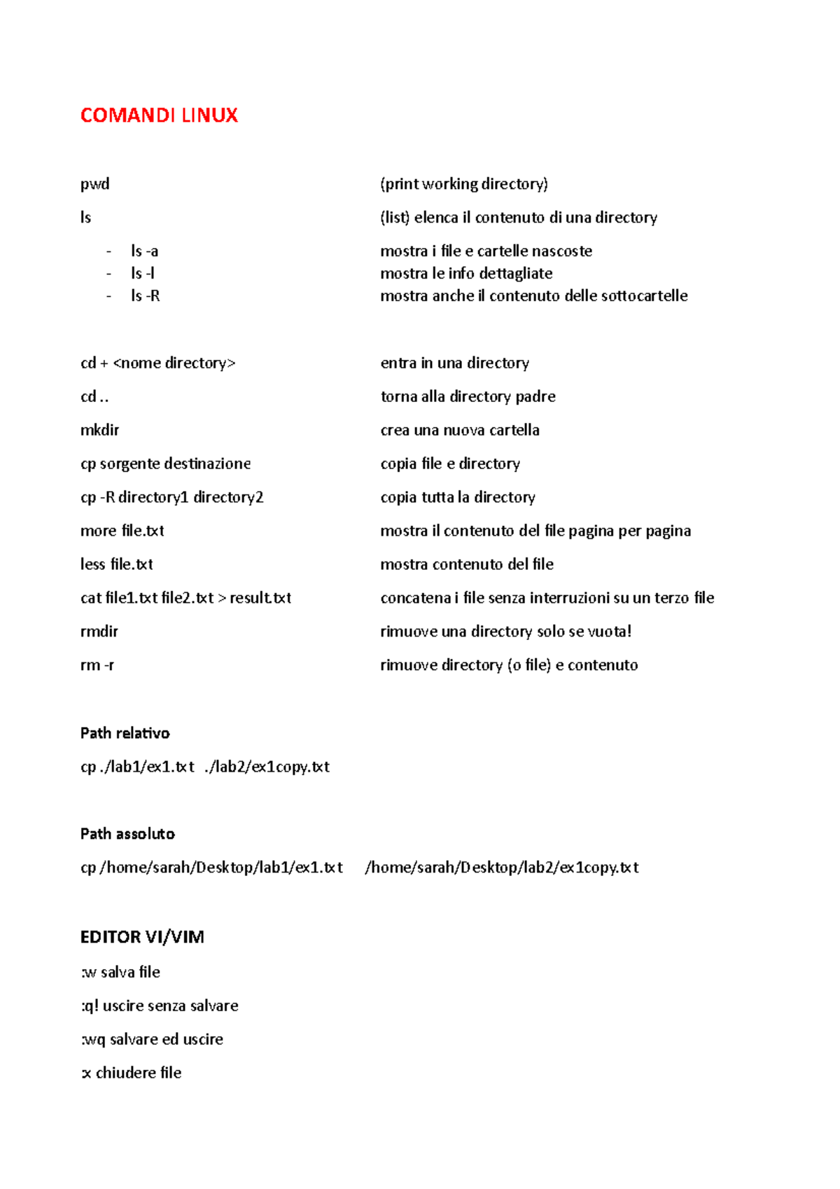 Comandi Linux - COMANDI LINUX pwd (print working directory) ls (list ...