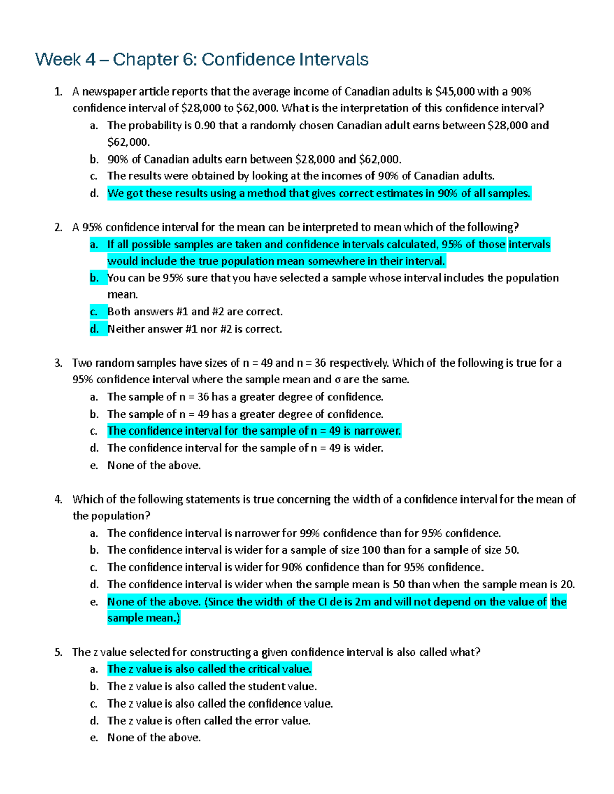 STAT Practice Qs Chapter 6 Confidence Intervals - Week 4 – Chapter 6: Confidence Intervals A ...