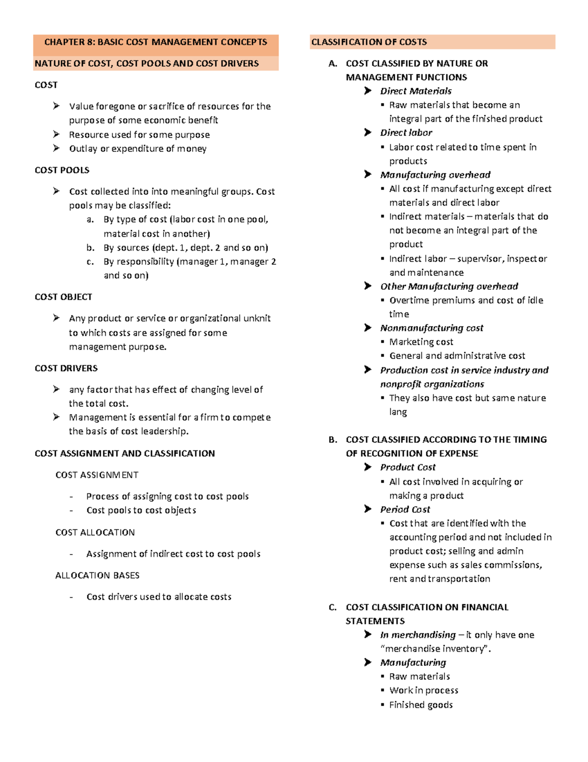 MA - CH 8 Reviewer - CHAPTER 8 : BASIC COST MANAGEMENT CONCEPTS NATURE OF COST, COST POOLS AND ...