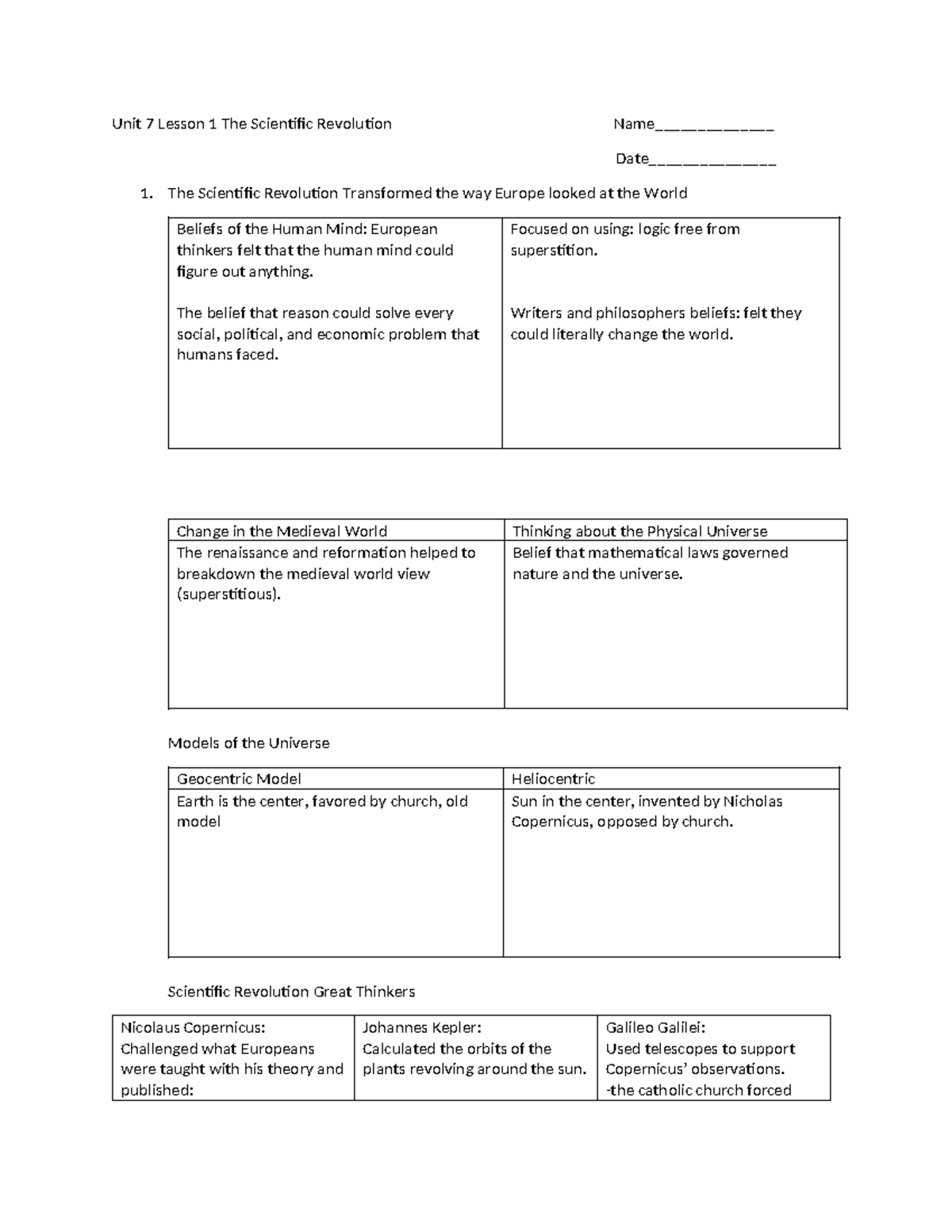 Unit 7 Lesson 1 The Scientific Revolution Int - Unit 7 Lesson 1 The ...