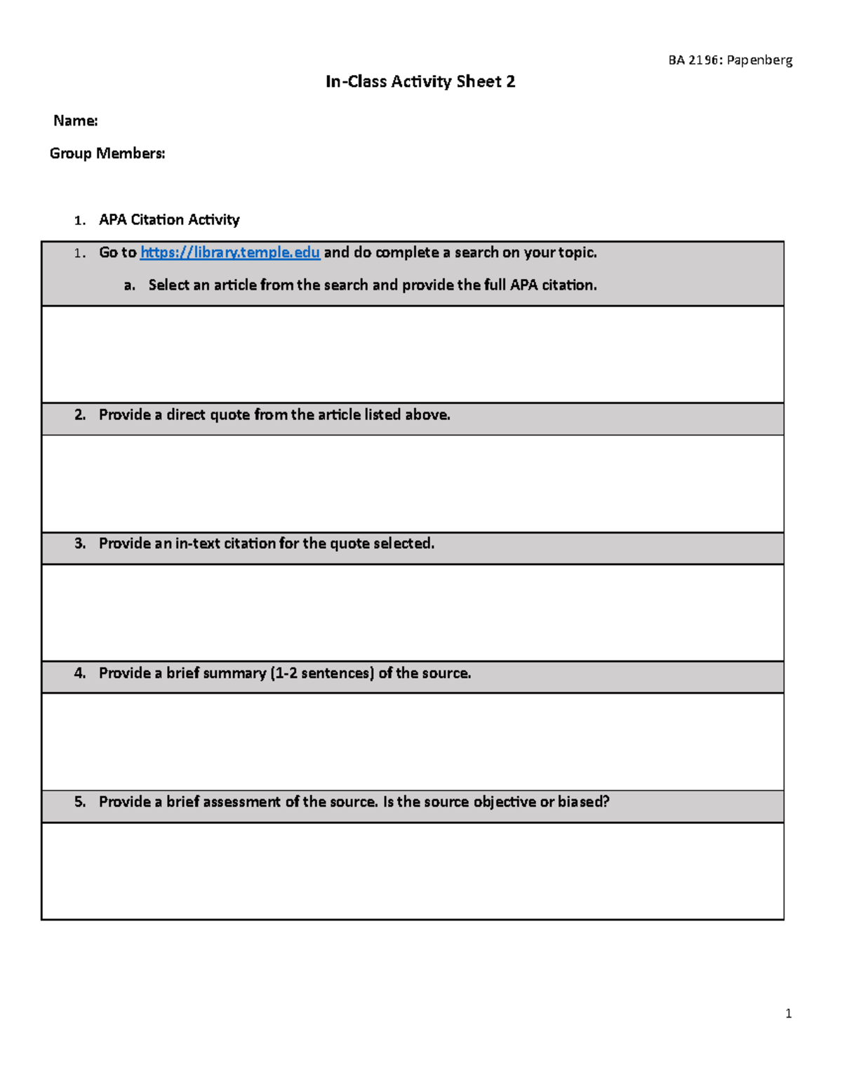 Week 2 - In-Class Activity Sheet - BA 2196: Papenberg In-Class Activity ...