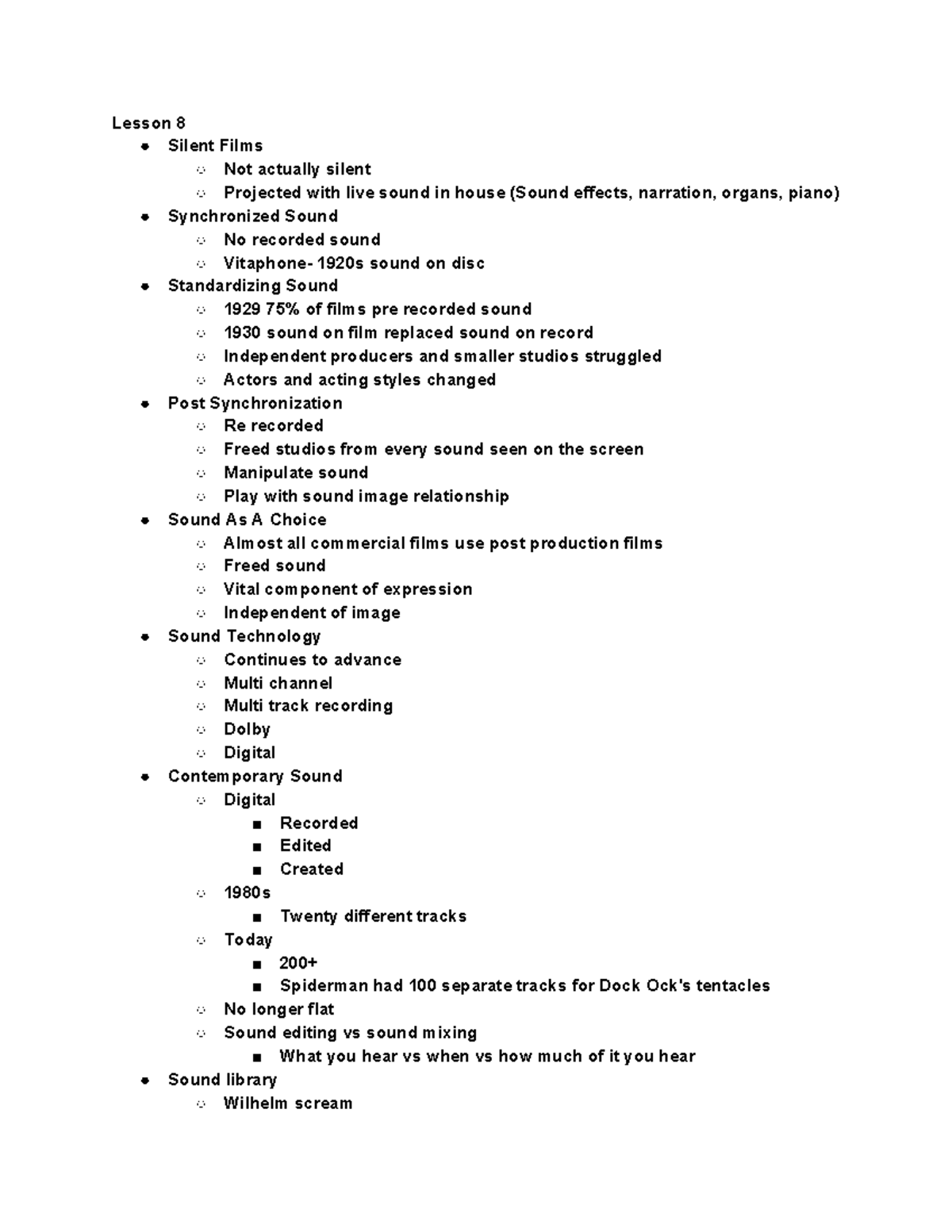 Lecture Notes Lesson 8 Sound - Lesson 8 Silent Films Not actually ...