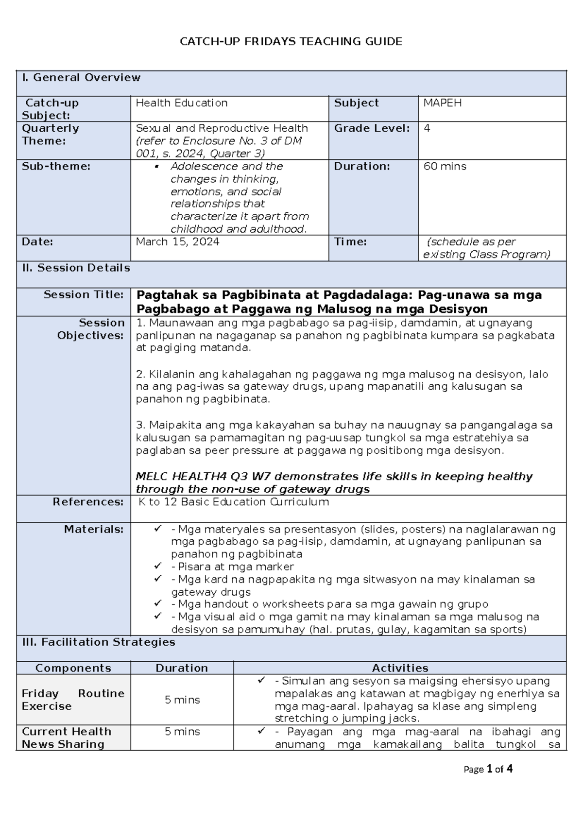 G4 Mapeh W7 - CUF - I. General Overview Catch-up Subject: Health ...