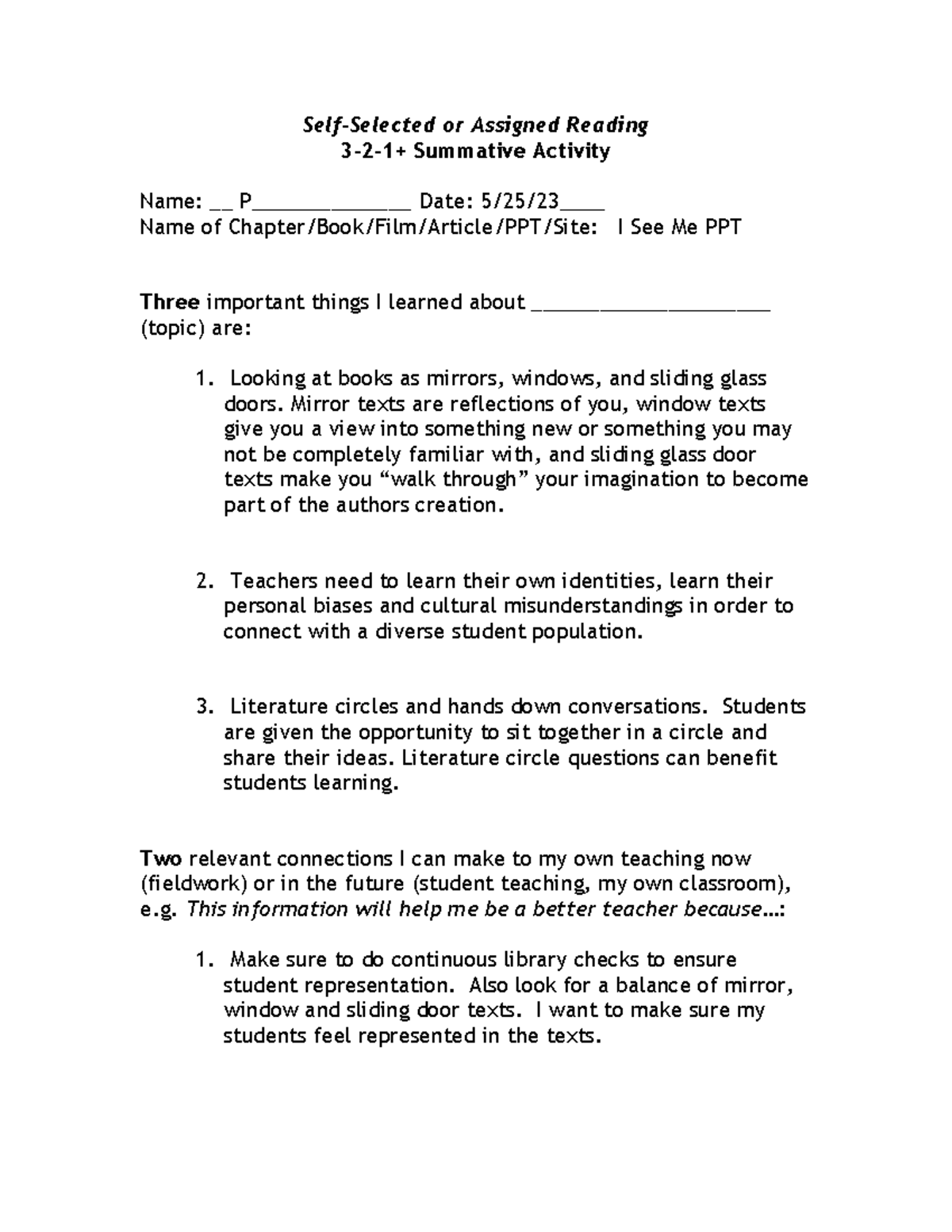 321+ Notes Module 1 - Self-Selected or Assigned Reading 3-2-1 ...