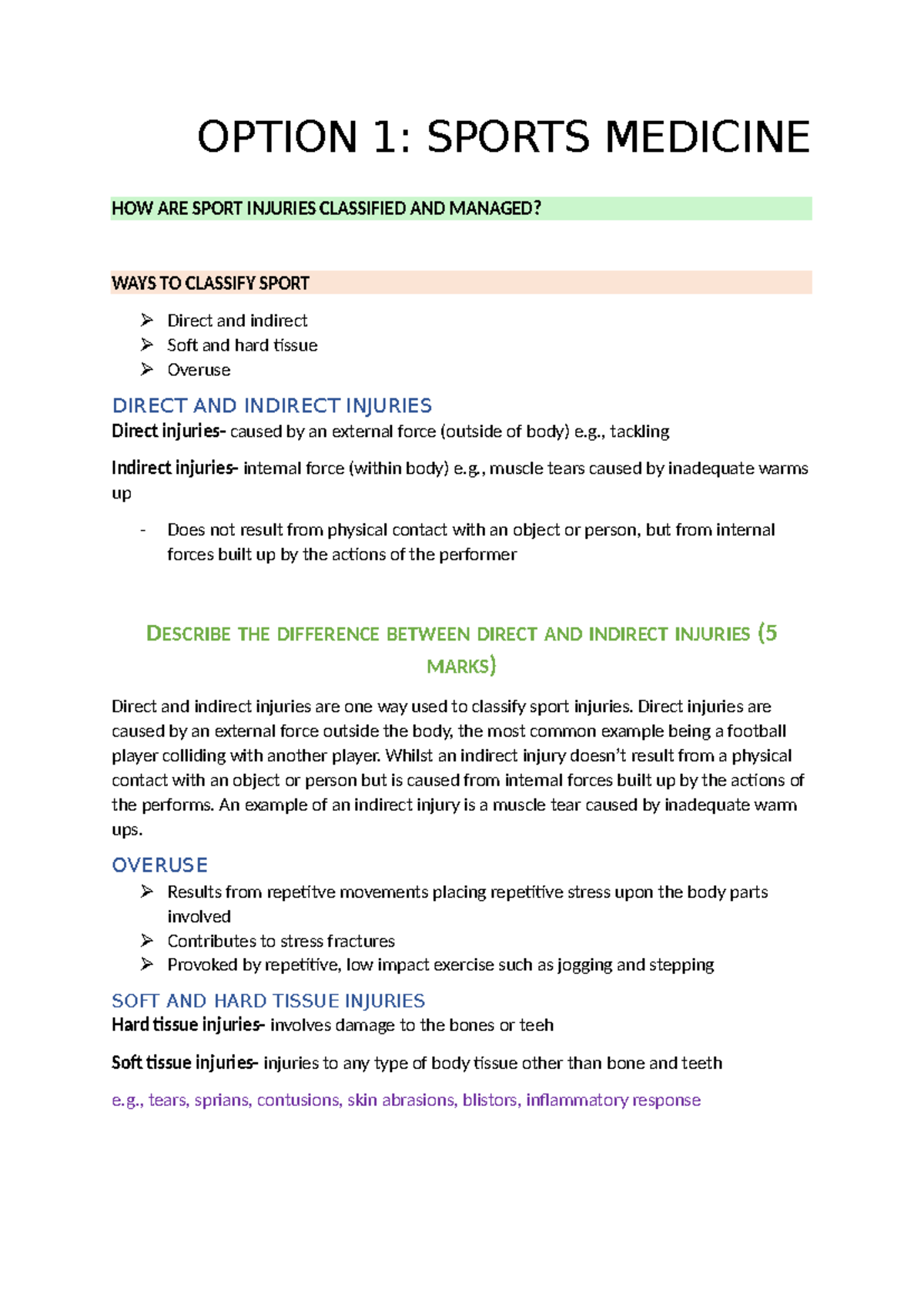 Option 1- Sports MED - notes - OPTION 1: SPORTS MEDICINE HOW ARE SPORT ...
