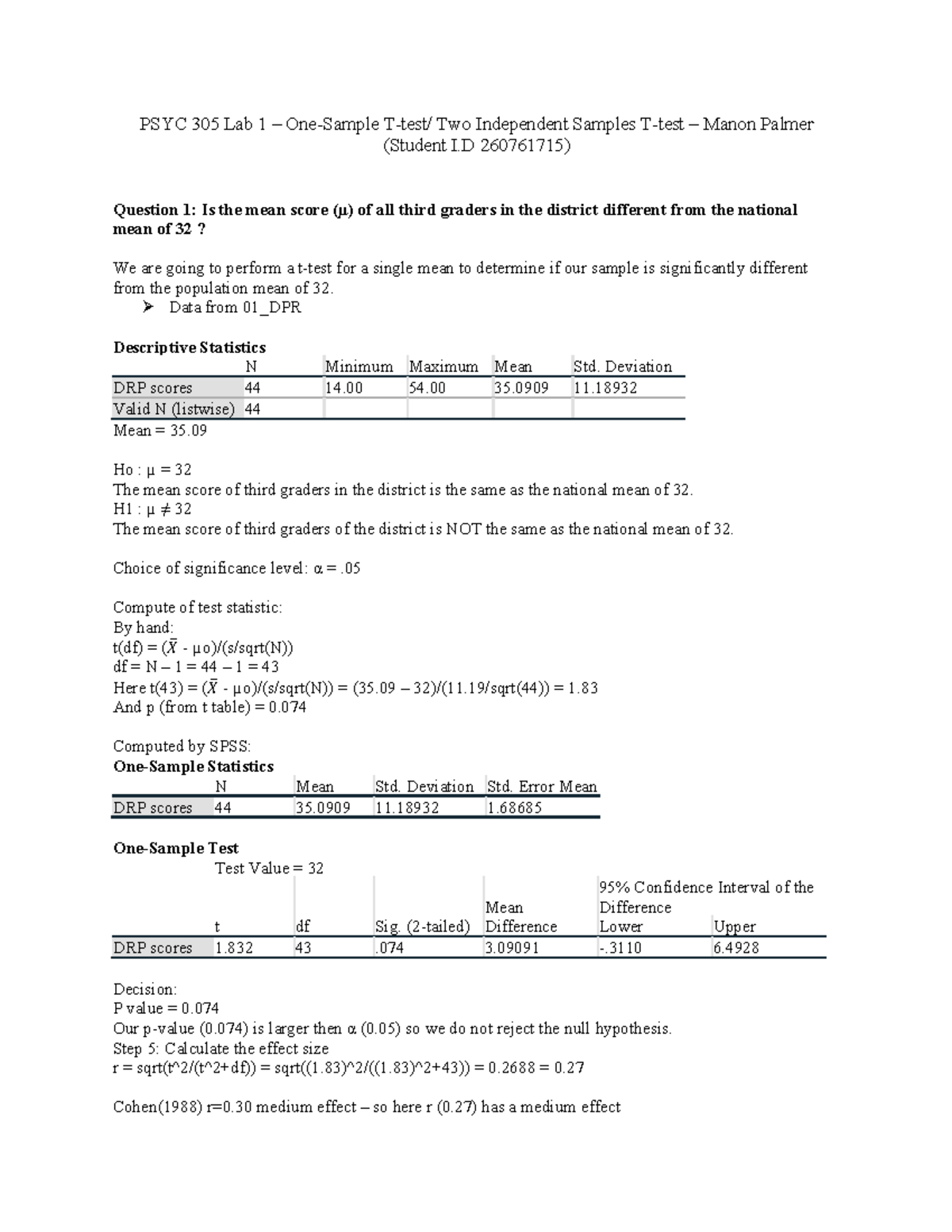 PSYC 305 Lab Def 3 - Labo de chimie - PSYC 305 Lab 1 – One-Sample T ...