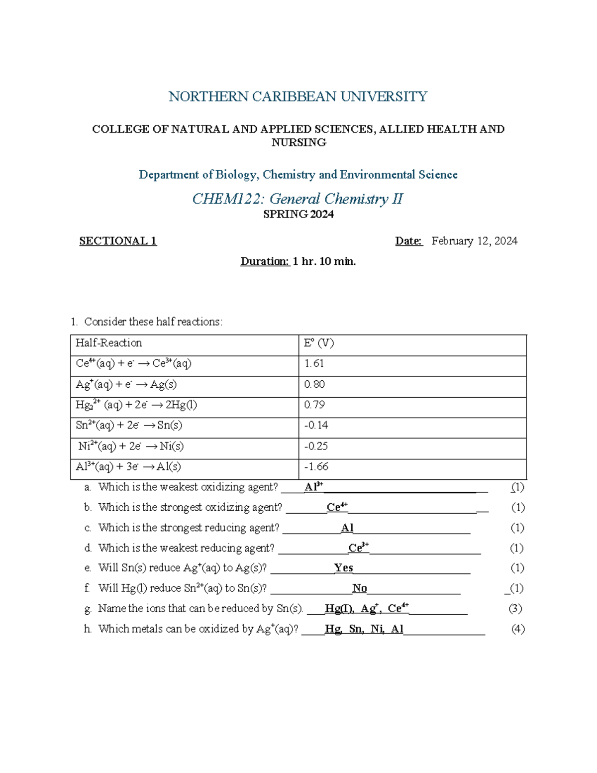 Half Equation question - NORTHERN CARIBBEAN UNIVERSITY COLLEGE OF ...