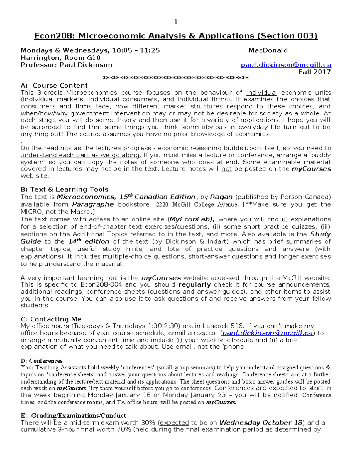 FALL2017 ECON208 - Econ208: Microeconomic Analysis & Applications (Section 003) Mondays & - Studocu