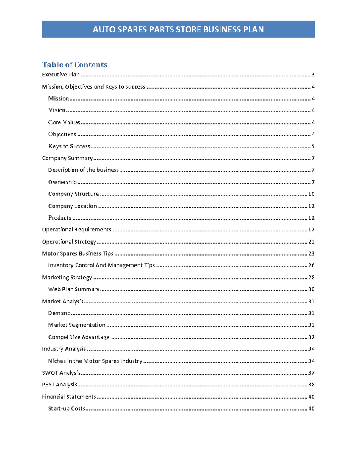 Contents Table Auto Parts Store Business Plan - Table of Contents ...