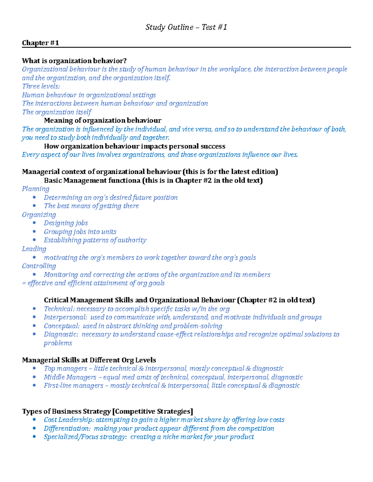 Study Outline – Test 1 - Eamon Lynch, notes for test #1 - Study Outline ...