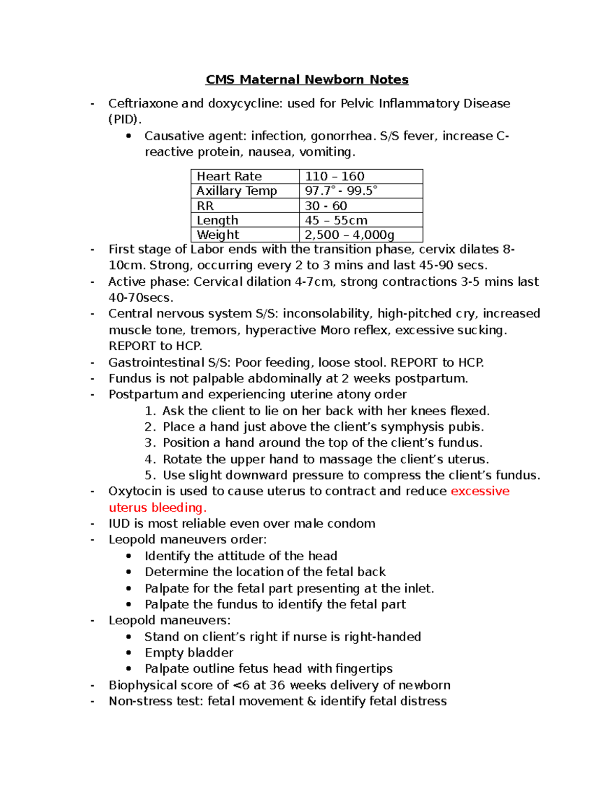 CMS OB Study Notes - CMS Maternal Newborn Notes Ceftriaxone and ...