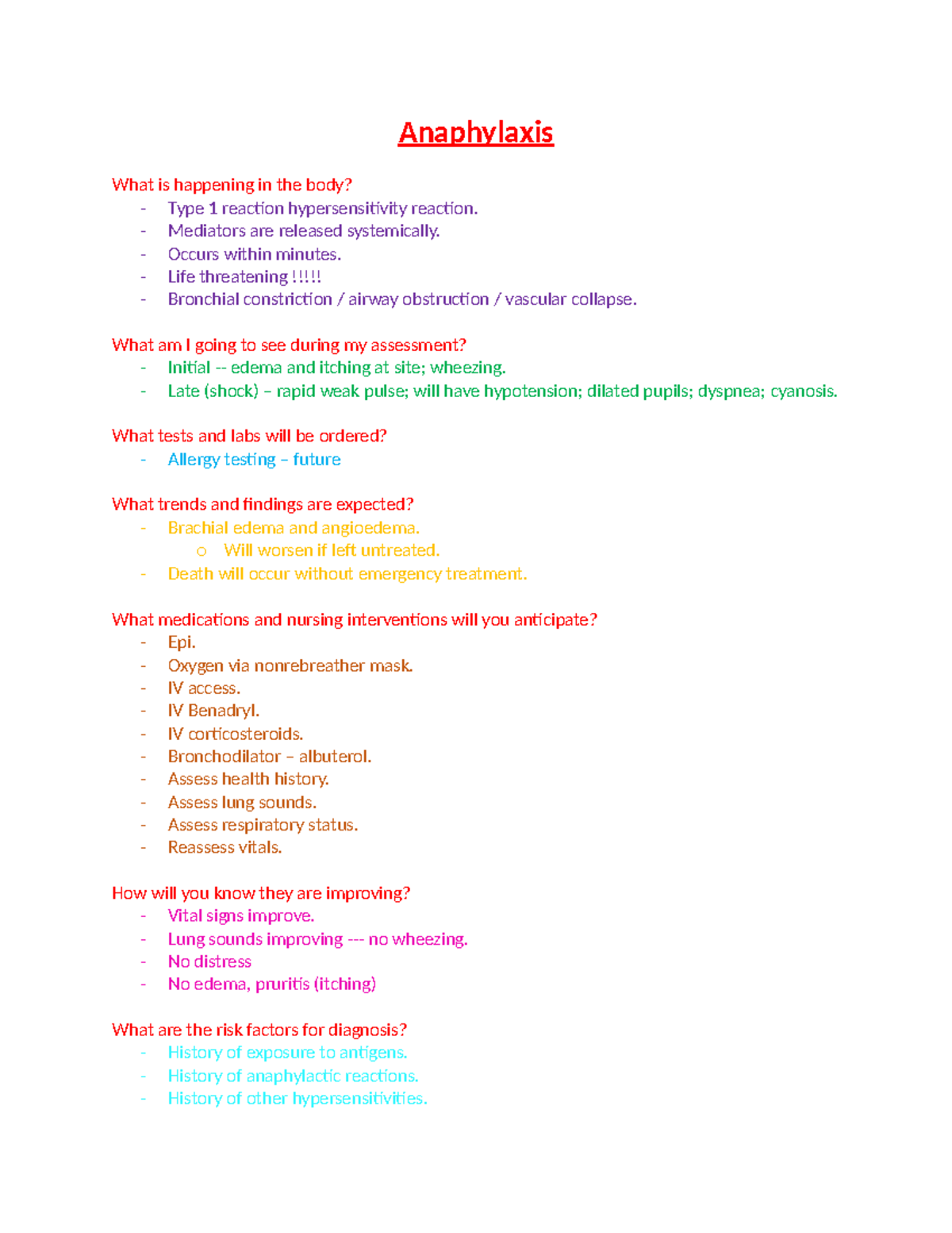 Anaphylaxis concept map - Anaphylaxis What is happening in the body ...