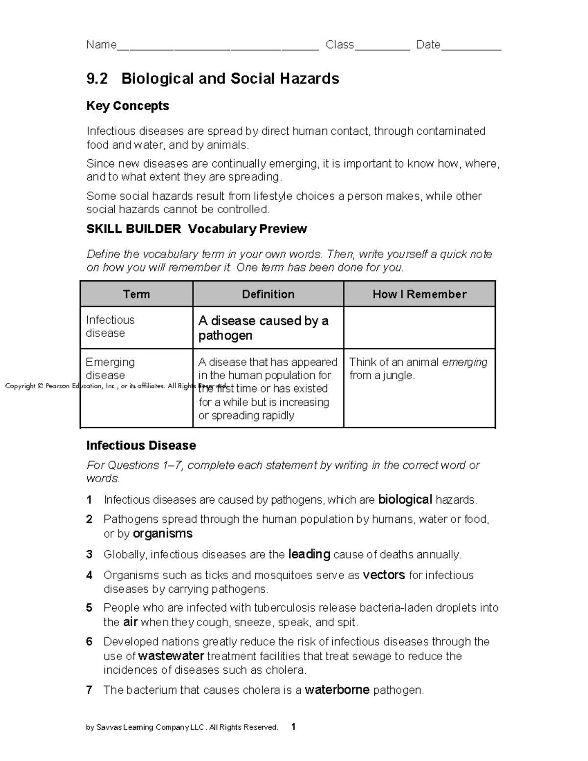 ENV21 09 02 Wkbk Lesson ccv - 9 Biological and Social Hazards Key ...