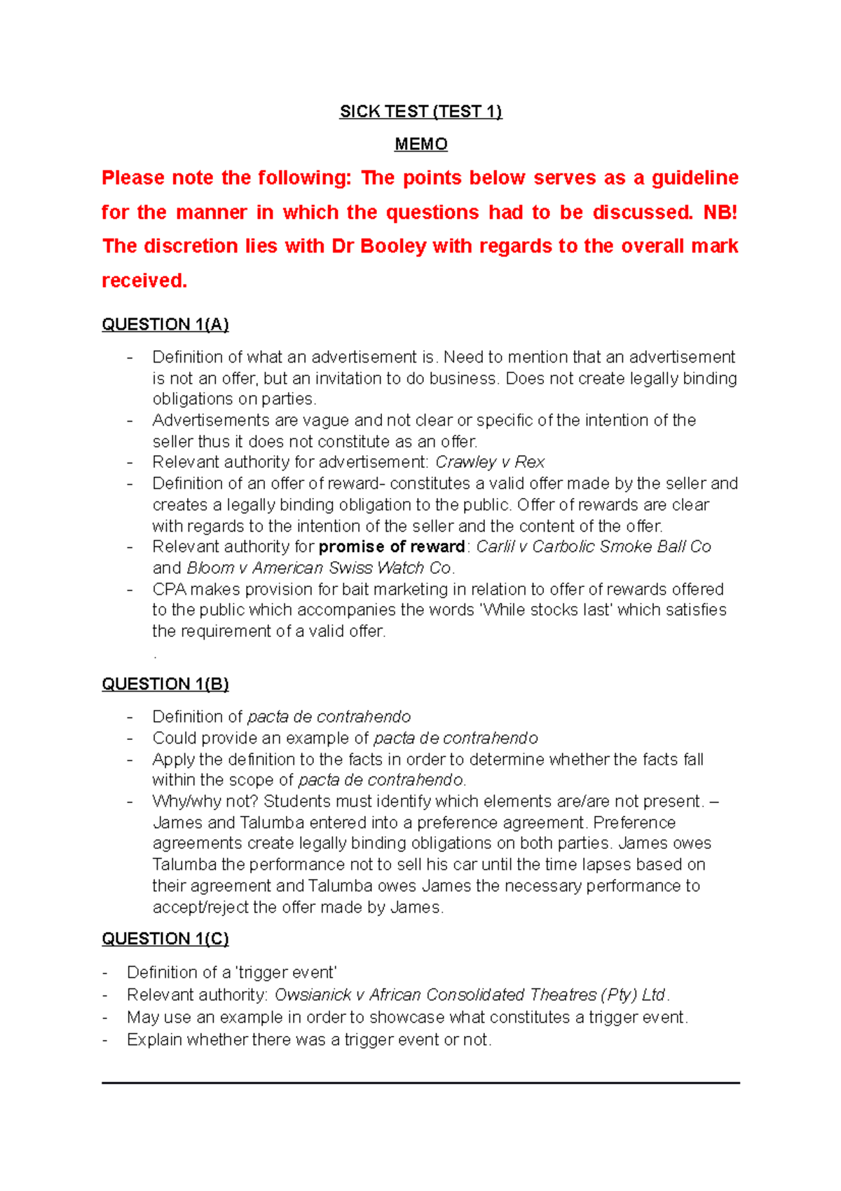 Sick Test 1+ Second chance Memo - SICK TEST (TEST 1) MEMO Please note ...